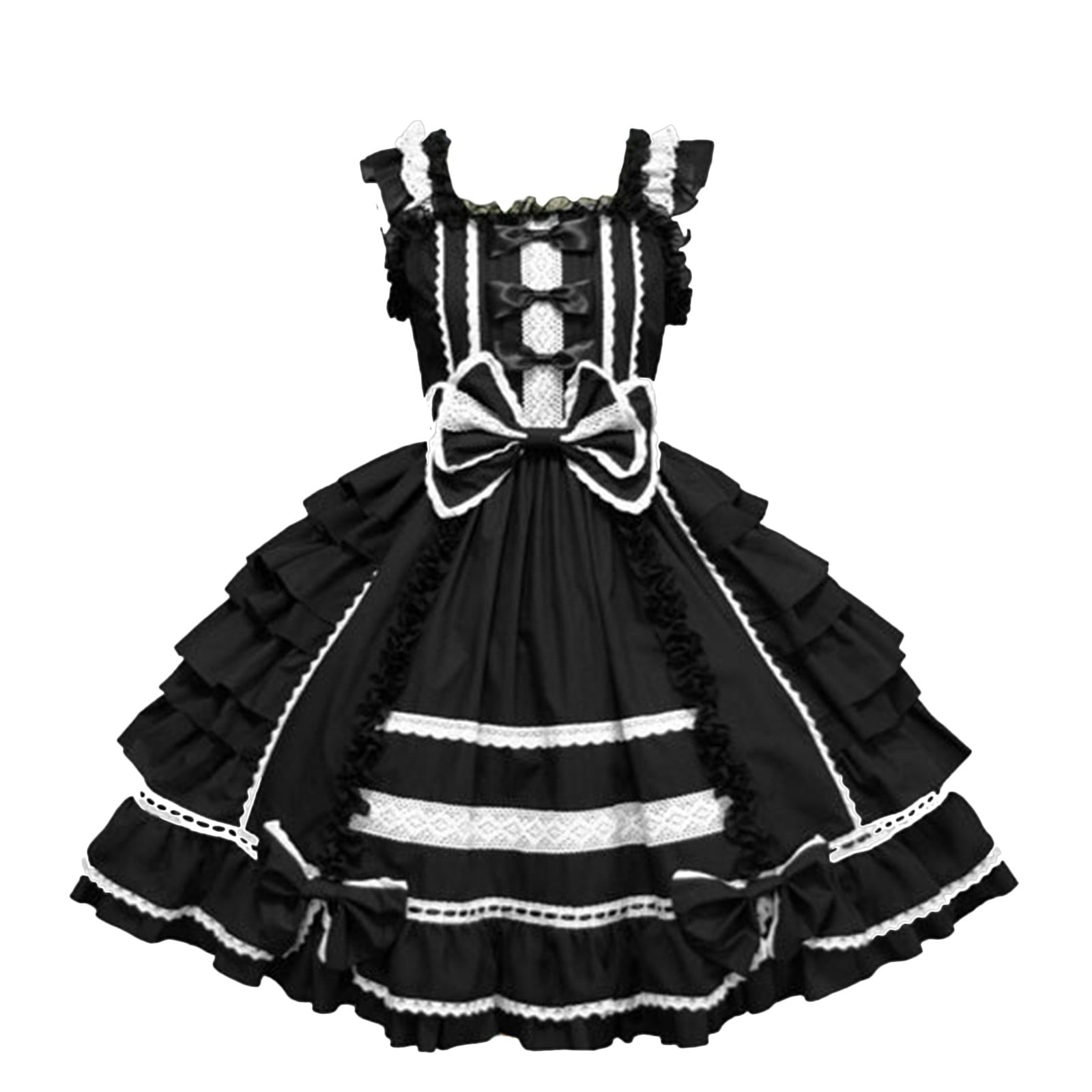 Girls Goth Lolita Dress Princess Cute Bow Lace Layered Ruffle Hem A ...