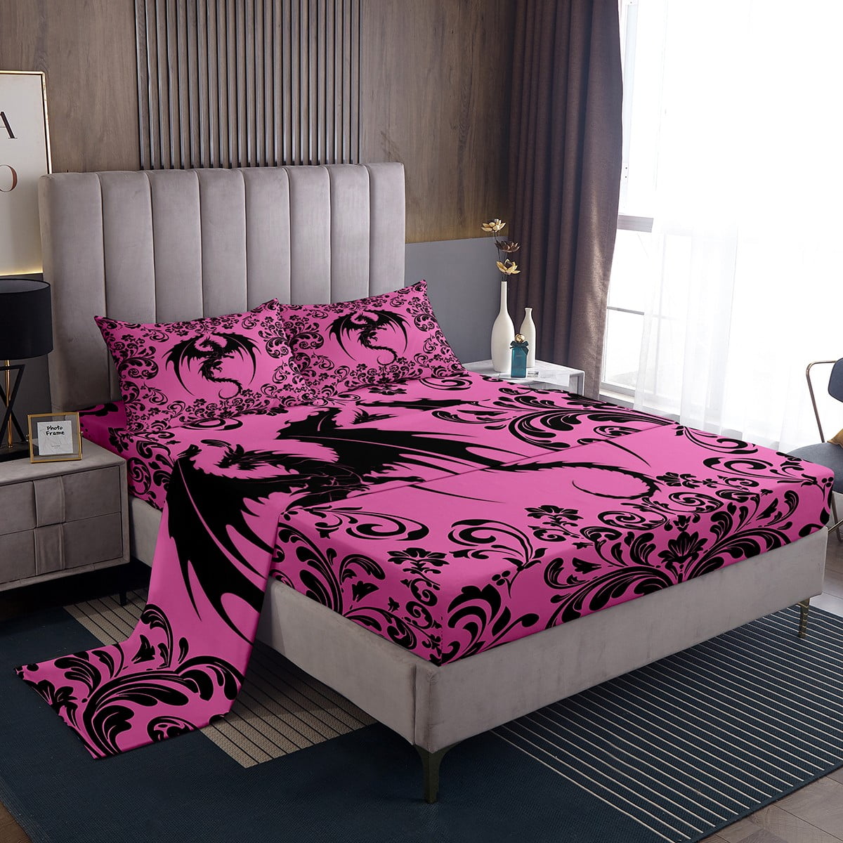 Girls Gothic Dragon Sheet Set Twin Boho Goth Pink Black Damask Bed ...