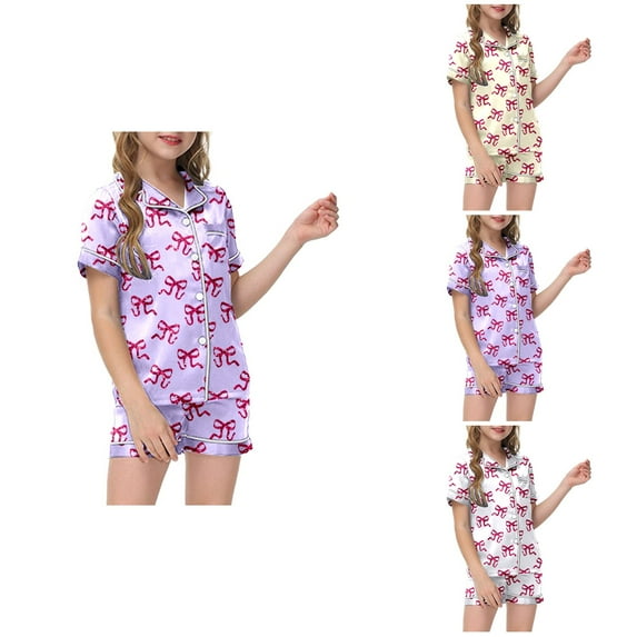 Girls Graphic Print Pajama Set Two Piece Outfit Short Sleeve Button ...