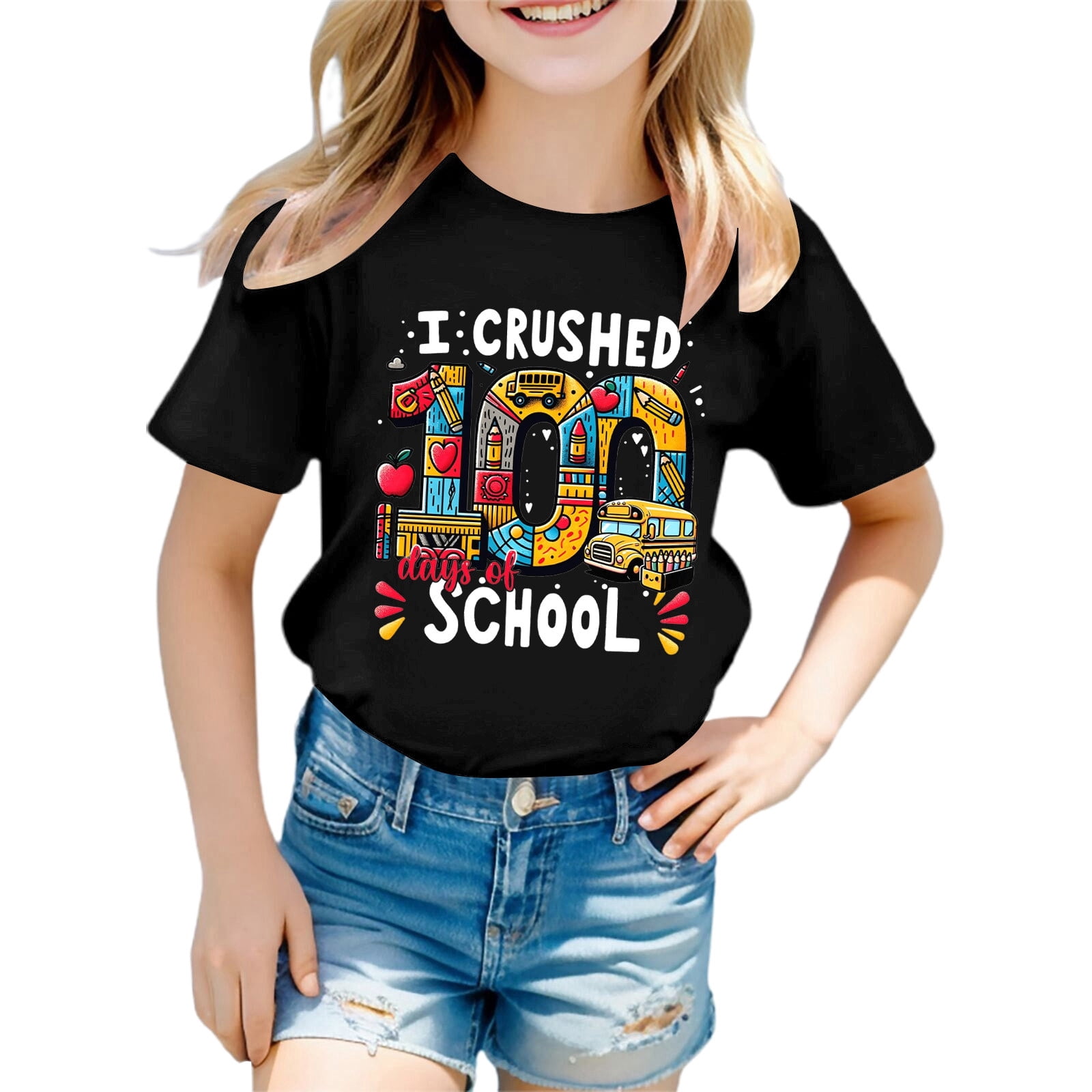 Girls Graphic Short Sleeve Tee For Back To School Cute Print Round Neck ...