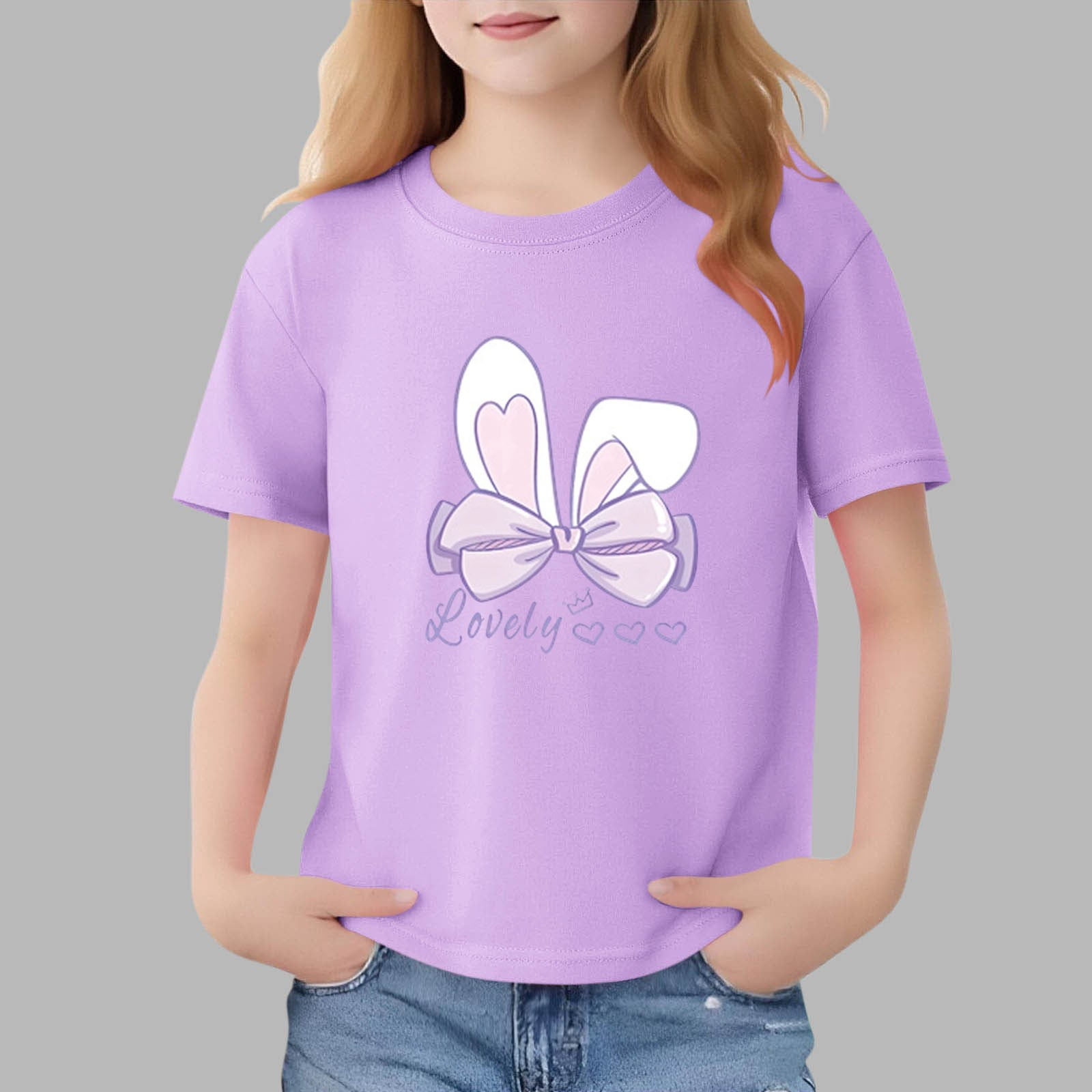 Girls Graphic T-Shirt Purple Bunny Heart Print Cotton Short Sleeve Kids ...