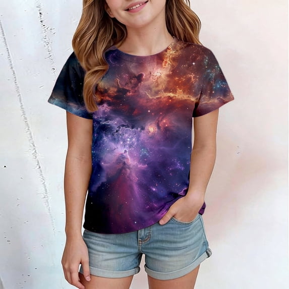Girls Graphic T Shirts with Starry Sky Print Casual Short Sleeve Crew ...