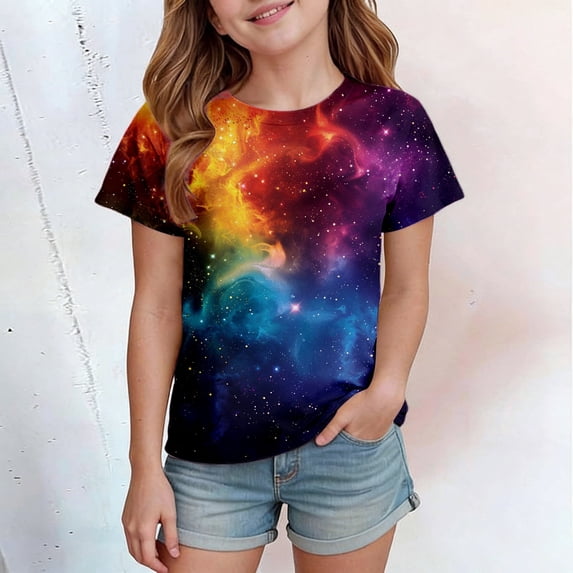 Girls Graphic T Shirts with Starry Sky Print Casual Short Sleeve Crew ...