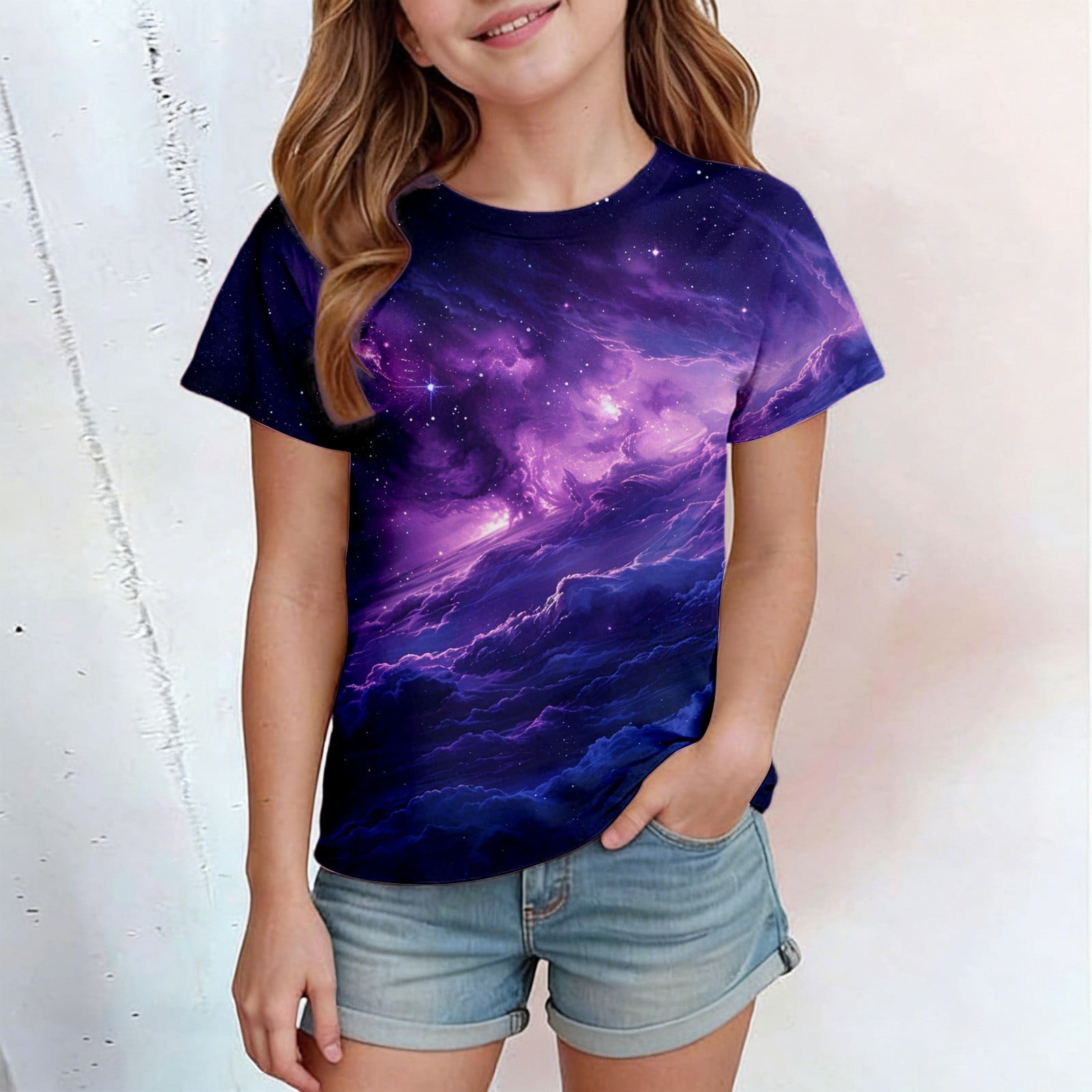Girls Graphic T Shirts with Starry Sky Print Casual Short Sleeve Crew ...