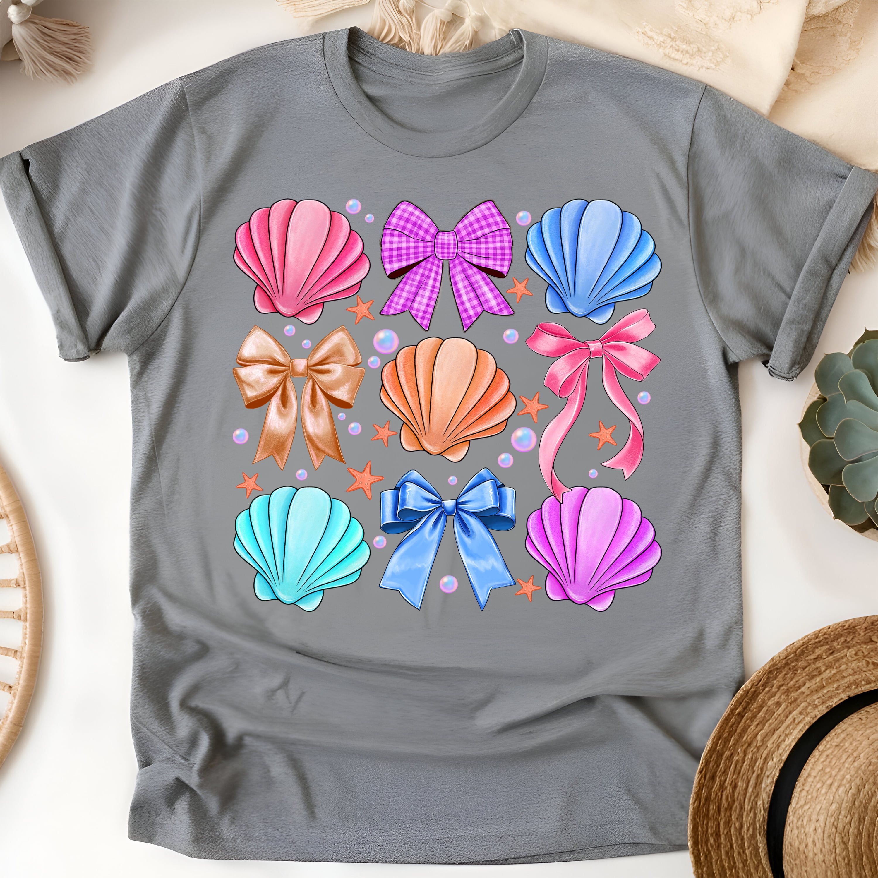 Girls' Graphic Tee, Colorful Seashell and Bow Design, Summer Beach ...