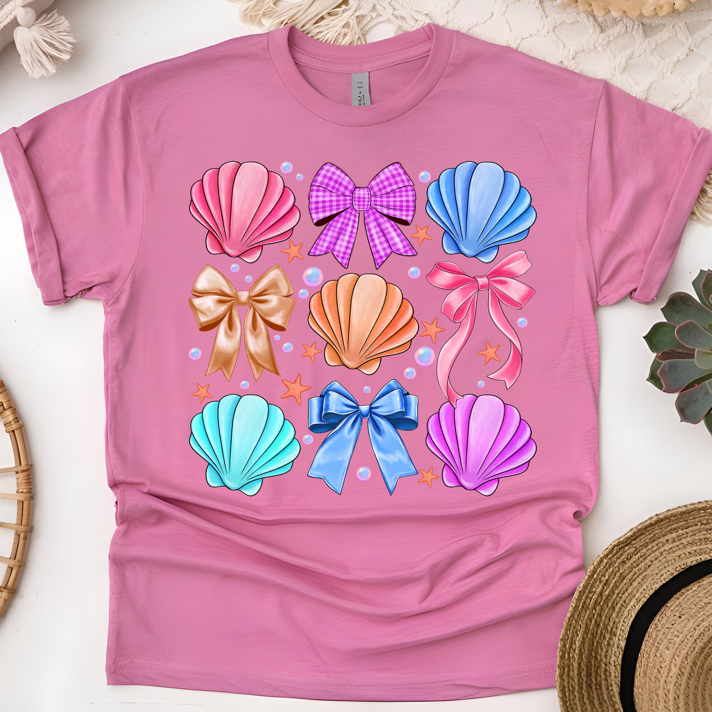 Girls' Graphic Tee, Colorful Seashell and Bow Design, Summer Beach ...