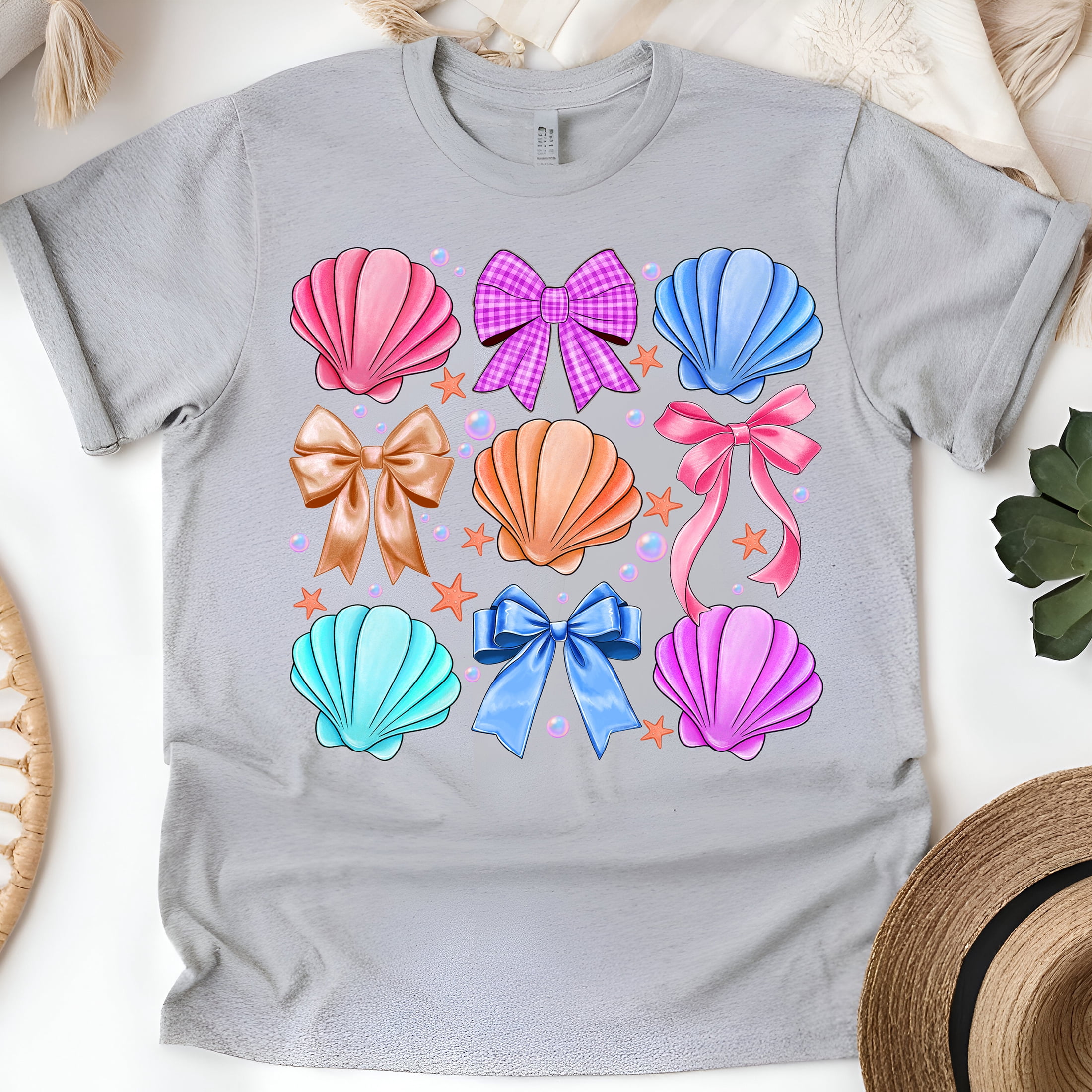 Girls' Graphic Tee, Colorful Seashell and Bow Design, Summer Beach ...