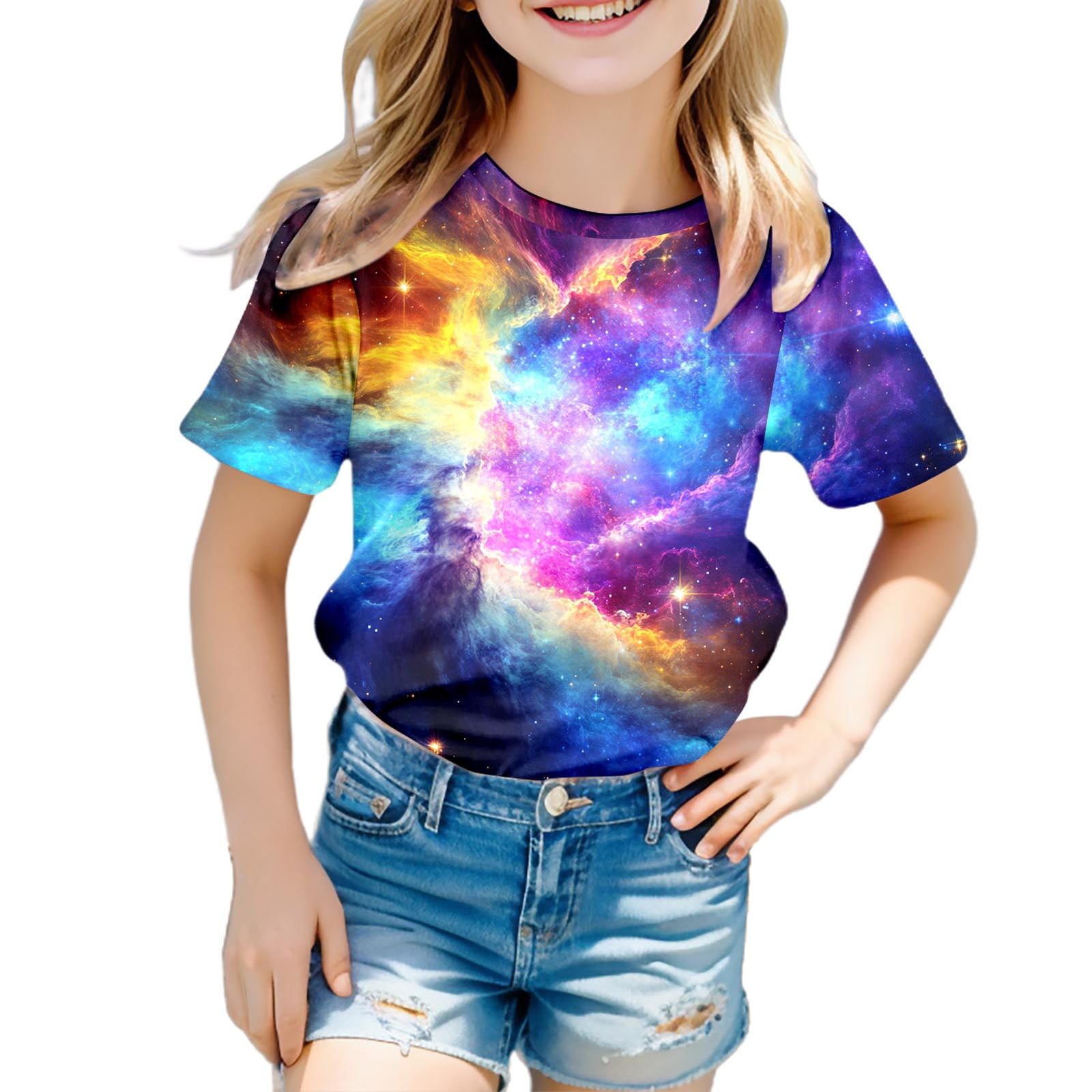 Girls Graphic Tees Galaxy Short Sleeve Crew Neck Fancy 3D Print Glitter ...