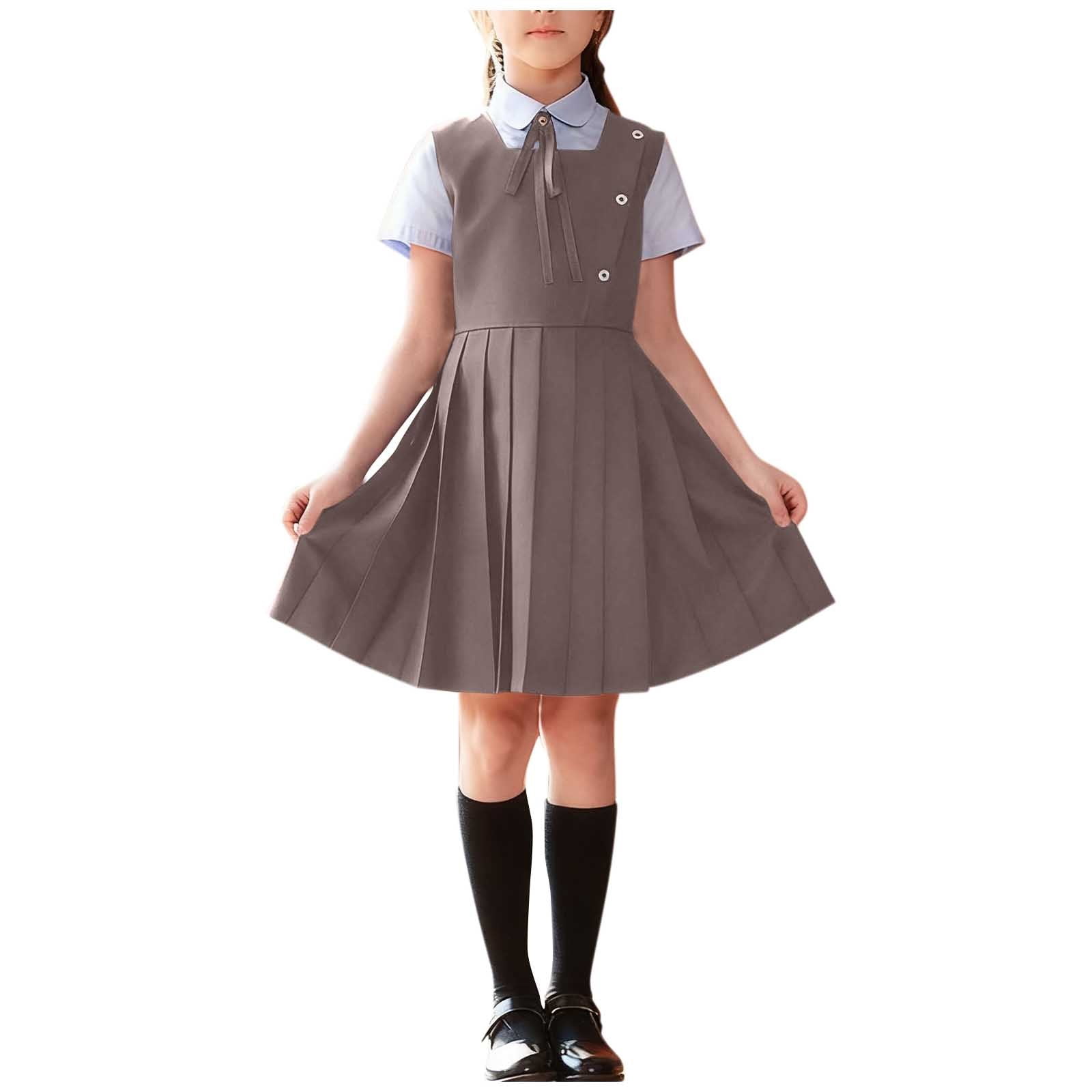 Girls Gray School Uniform Set, Preppy Jumper Dress with Short Sleeve ...