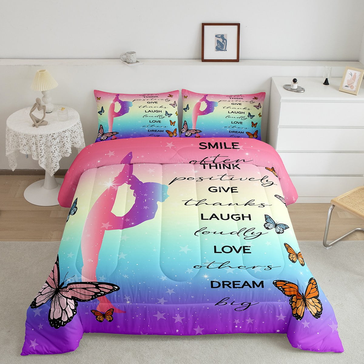 Girls Gymnastics Comforter Set King for Kids Teens Chic Butterfly ...