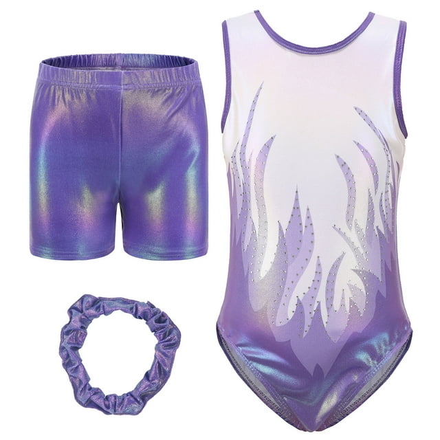 Girls Gymnastics Leotards with Shorts Sparkly Sleeveless Biketards Sets ...