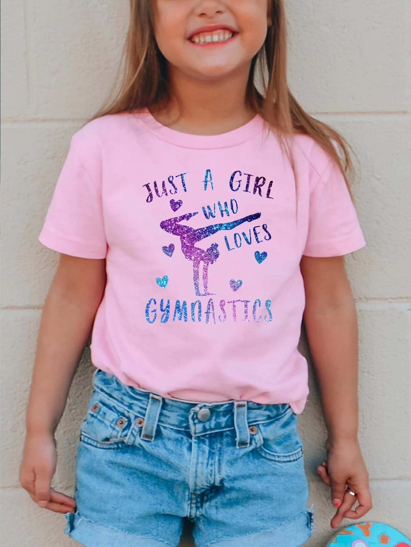 Girls' Gymnastics T-Shirt, Casual Knit Cotton Tee, Short Sleeve, Round ...