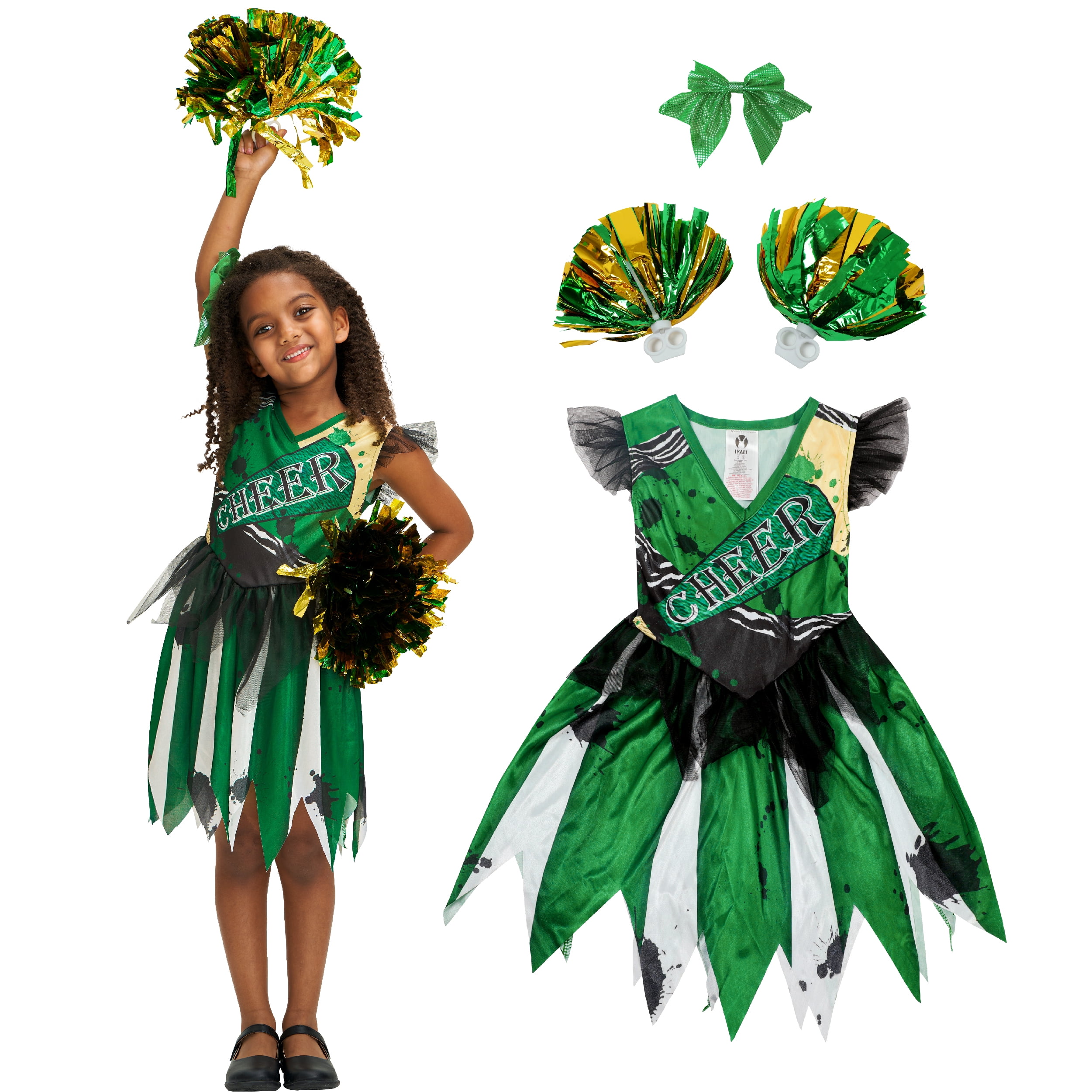Girls Halloween Cheerleader Costume with Pompoms, Zombie Cheerleading ...