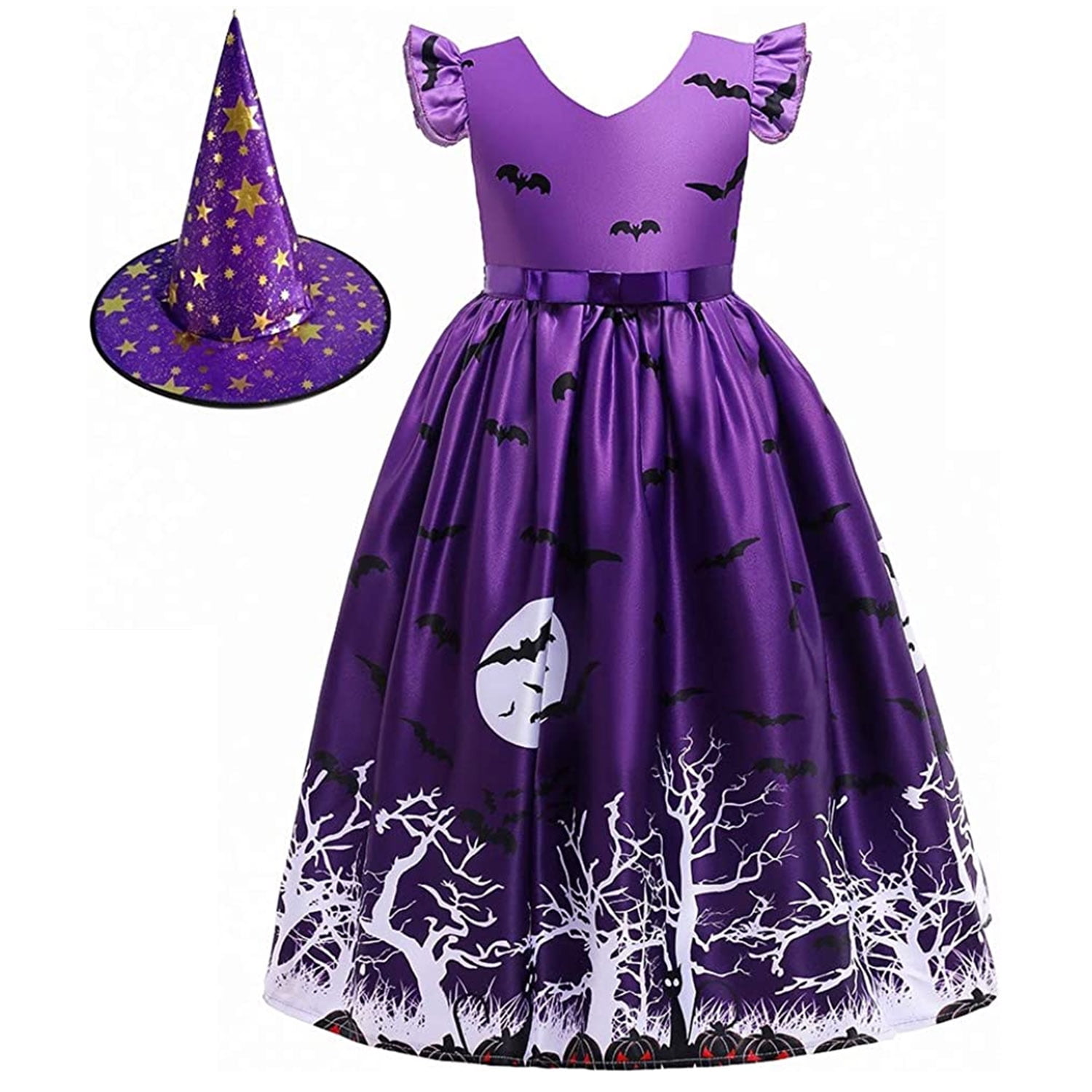 Girls Halloween Costume Dress w/Witch Hat Ghost Pumpkin Skull Printed ...