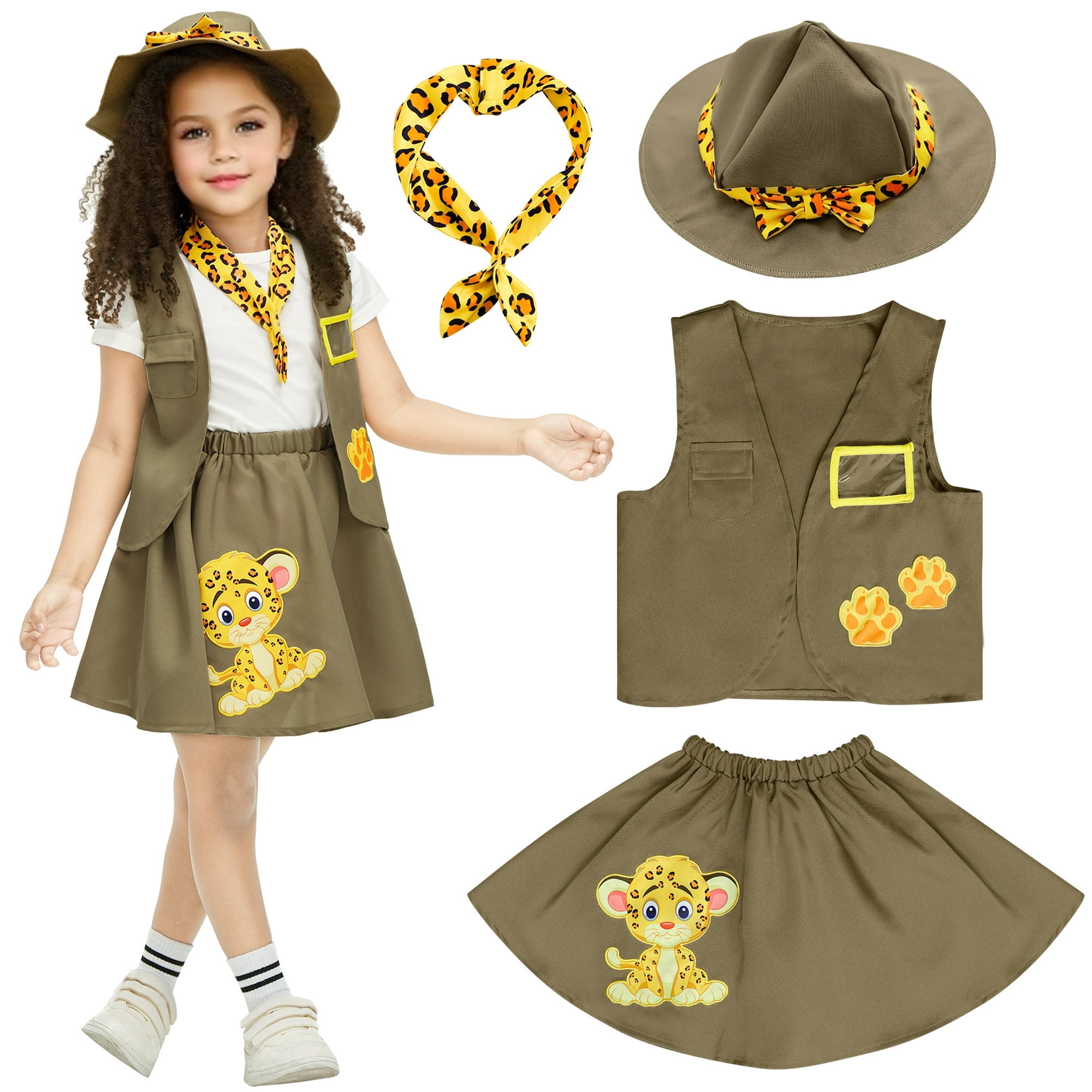 Girls Halloween Explorer Costume Kit, 4 Pieces Safari Vest Skirt Hat ...