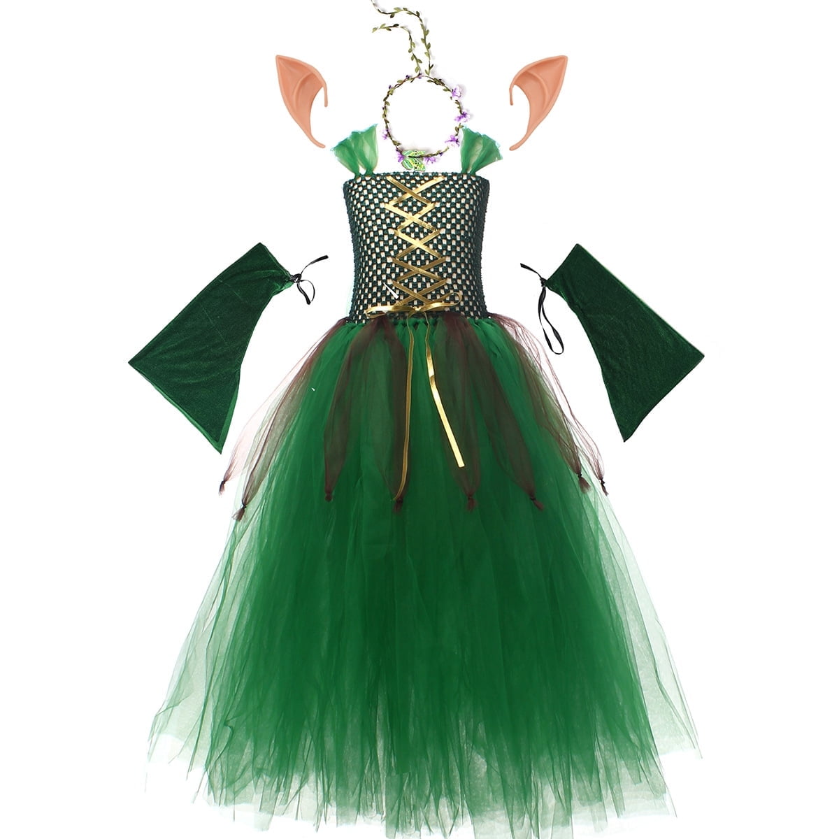 Girls Halloween Forest Elf Fairy Costume Green Sleeveless Tulle Tutu Dress+ Arm Sleeves+ Elf ...