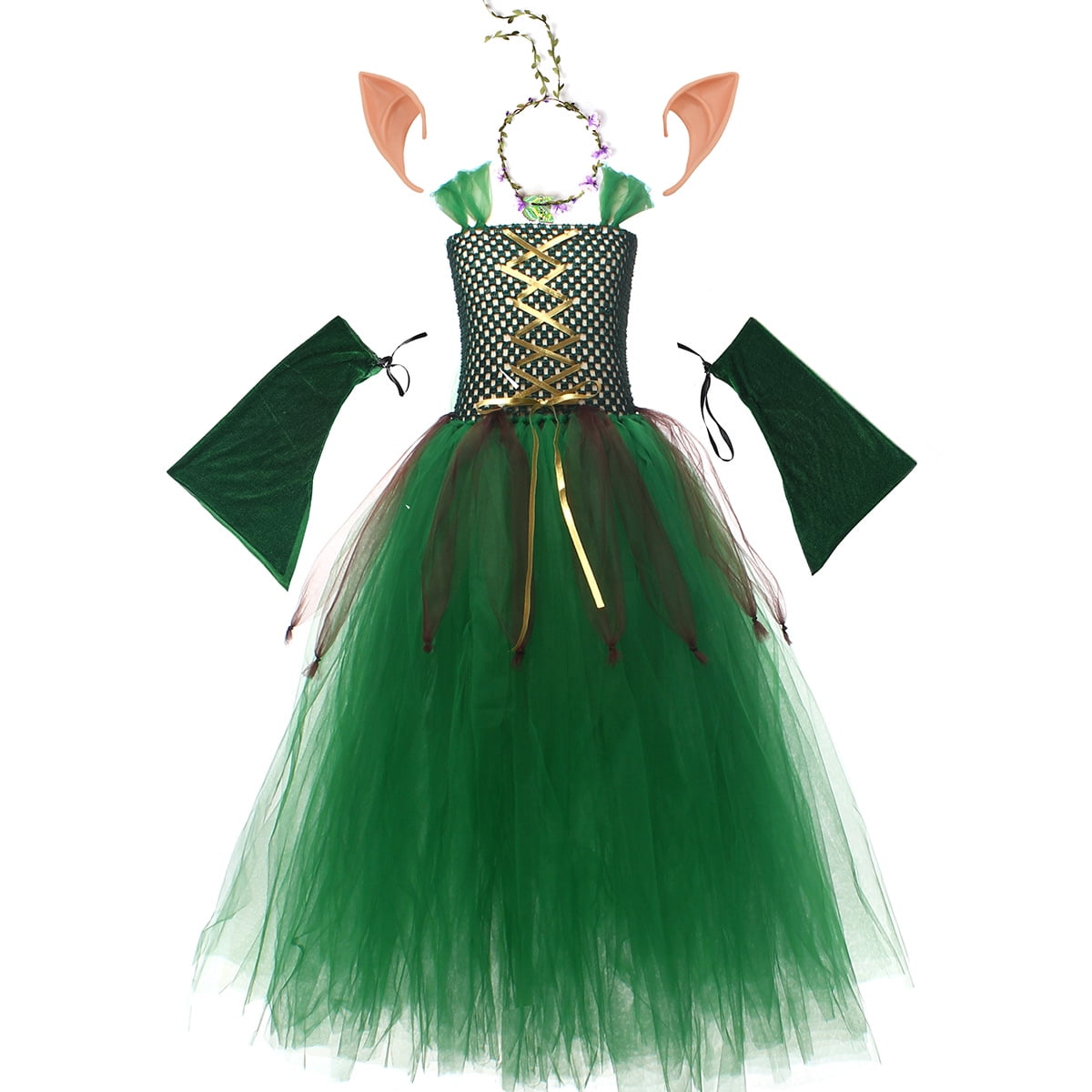 Girls Halloween Forest Elf Fairy Costume Green Sleeveless Tulle Tutu Dress+ Arm Sleeves+ Elf ...