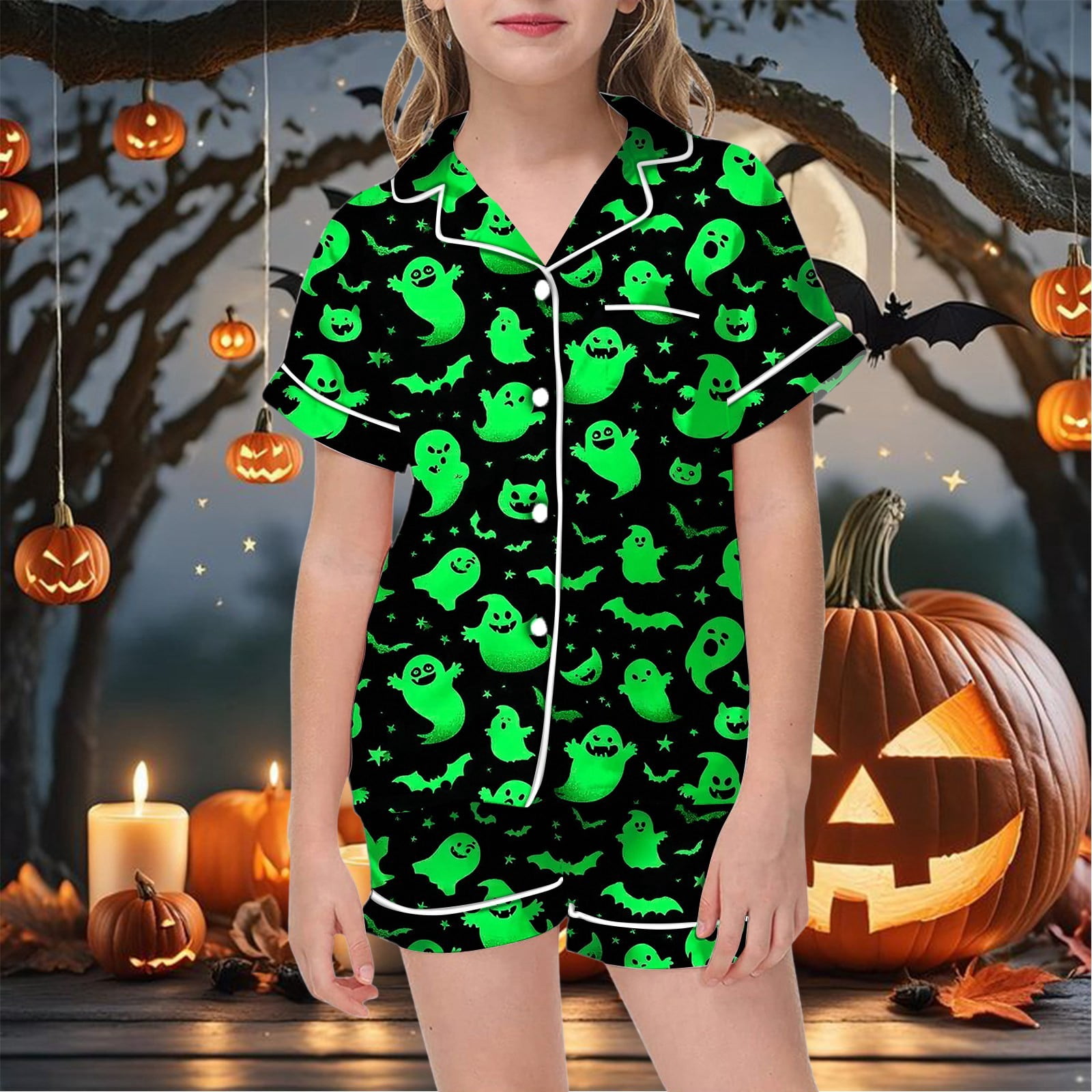 Girls Halloween Pajamas Set Ghost Pumpkin Print Satin Pajamas Girls ...