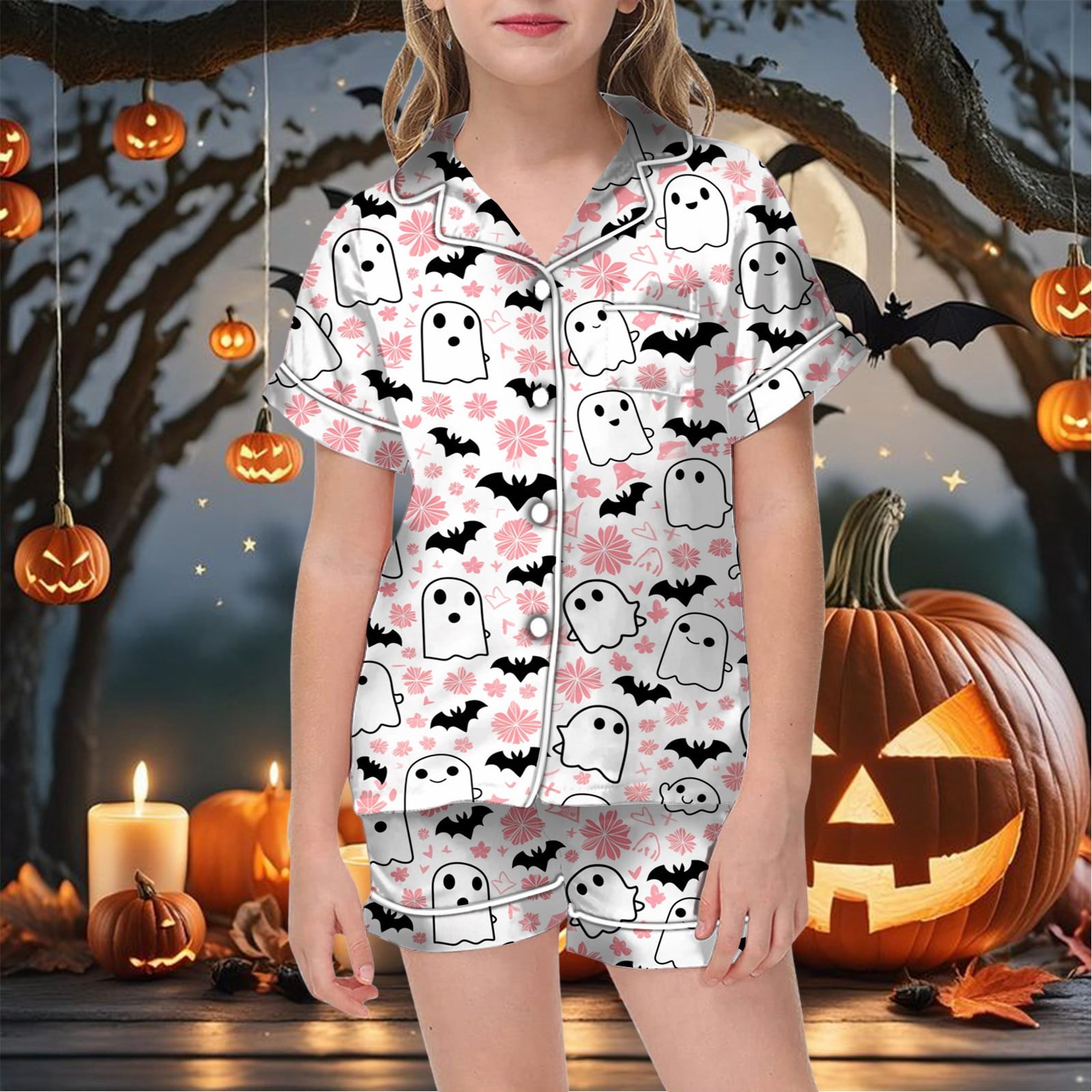 Girls Halloween Pajamas Set Pumpkin Ghost Bat Print Girls Pajamas Set ...