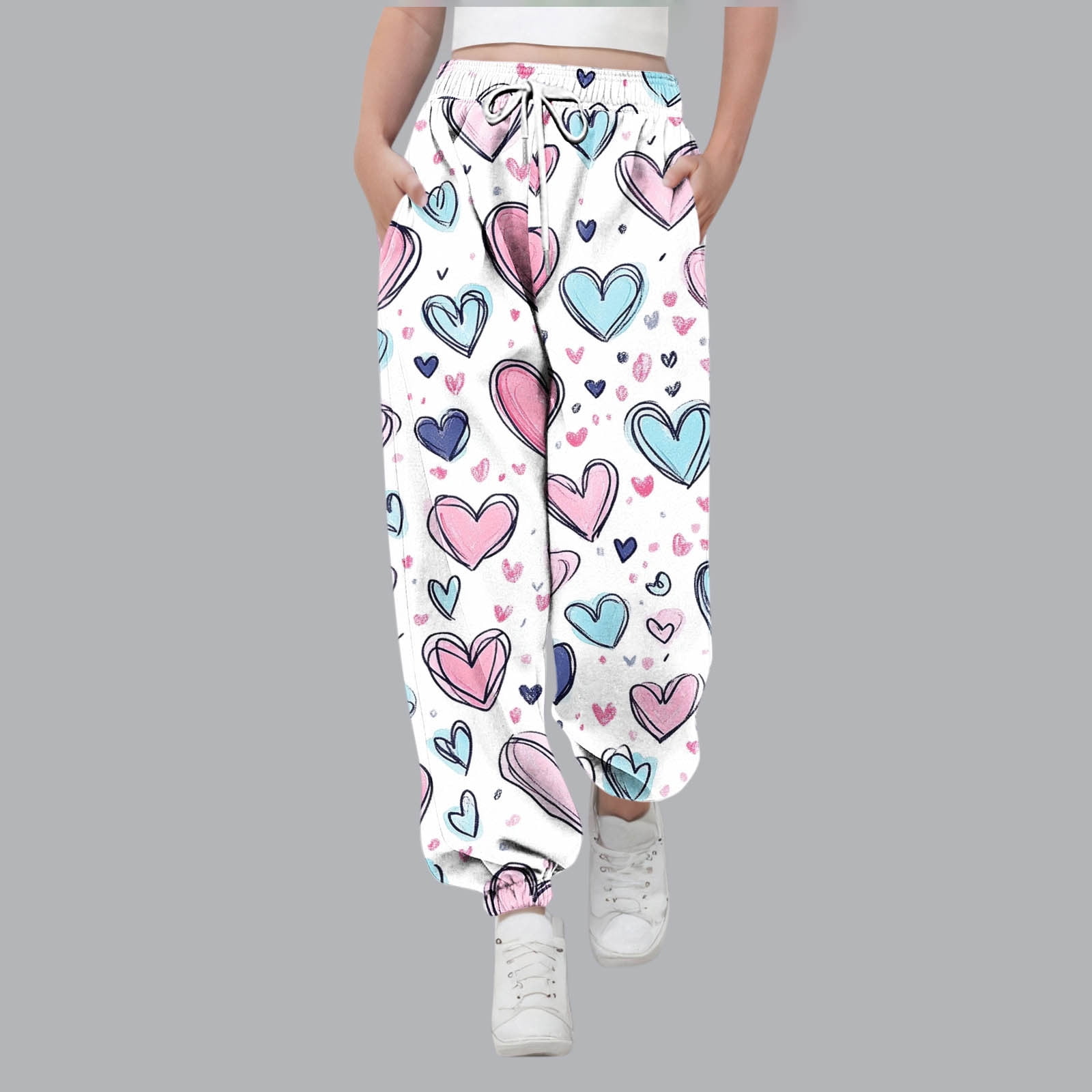 Girls Heart Print Jogger Pants, Soft Stretch Multicolor Loungewear with ...