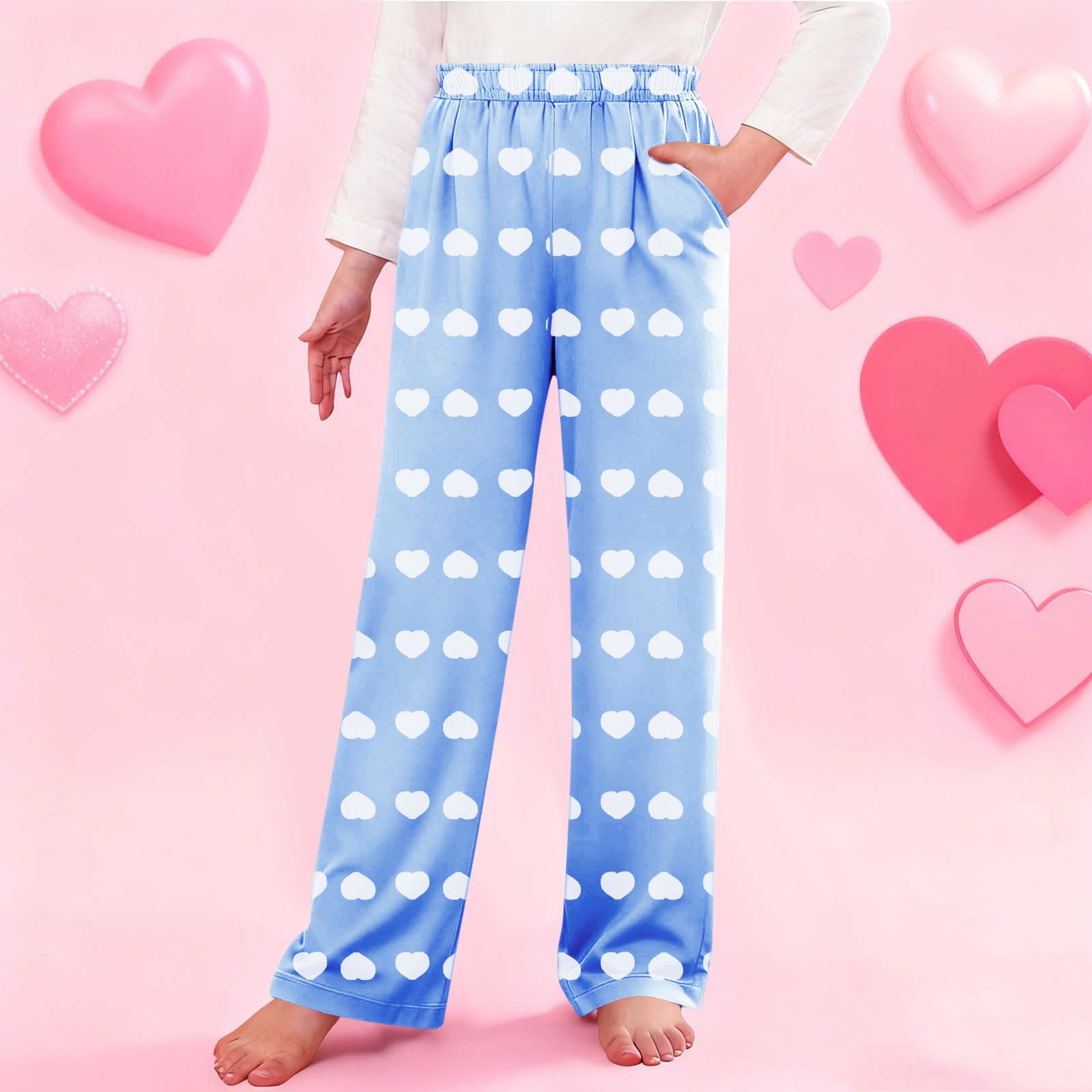 Girls Heart Print Pants Light Blue, Valentine Lounge Pants with Pockets ...