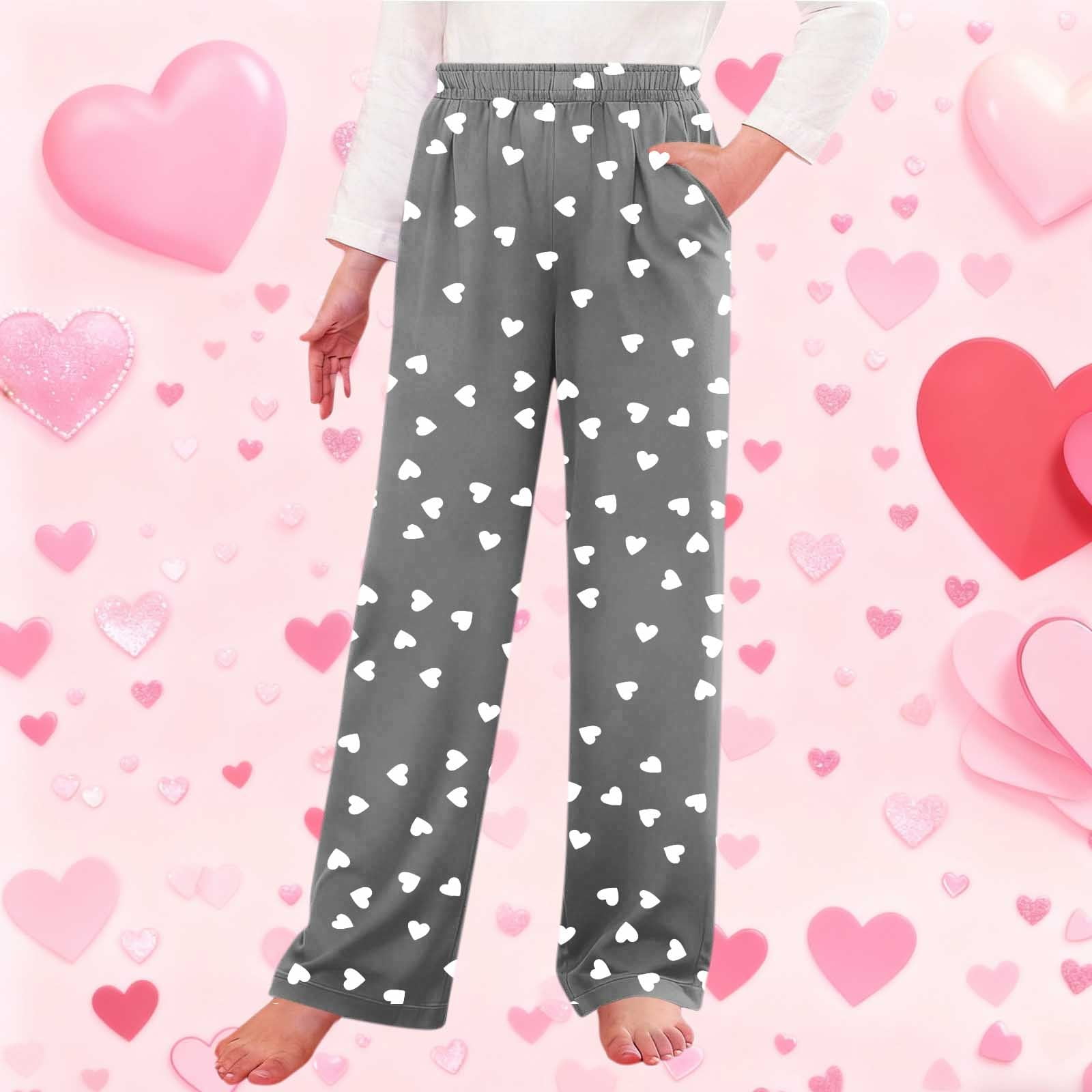 Girls Heart Print Pants Valentine's Day Sleep & Lounge Pants Gray Soft ...