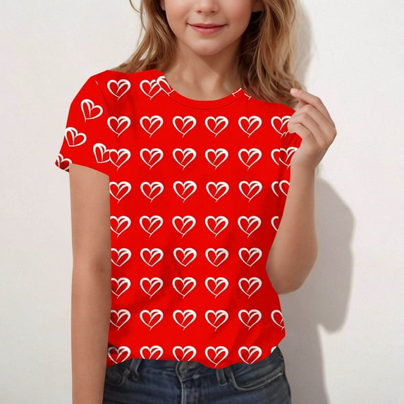 Girls Heart Print T-Shirt Short Sleeve Crew Neck Soft Graphic Tee All ...