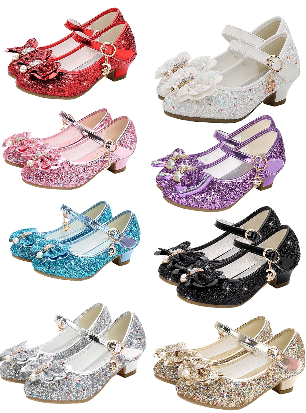 Girls Heels Dress Shoes Mary Jane Wedding Party Sparkle Glitter ...