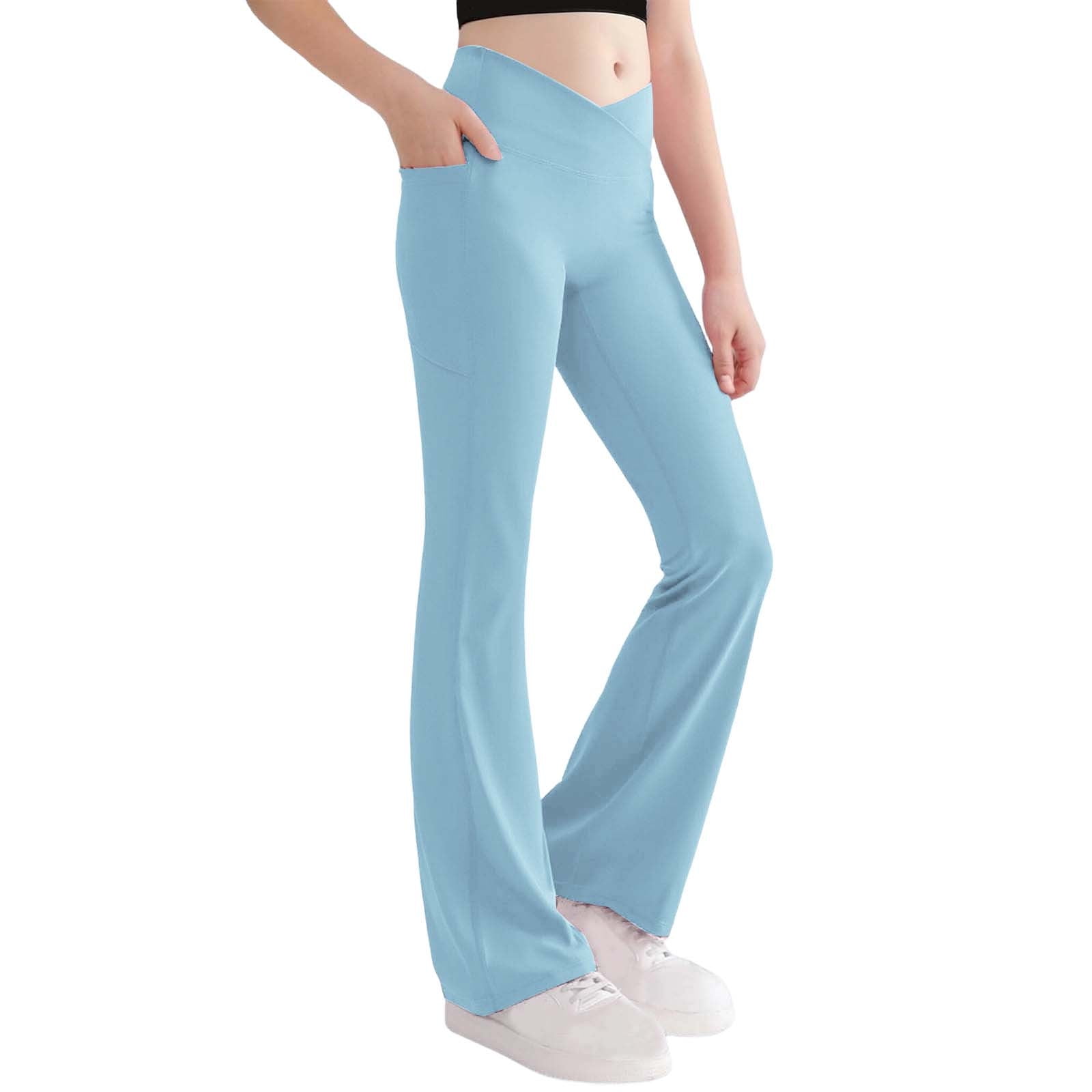 Girls High Waist Flared Pants Light Blue Crossover Yoga Leggings Kids ...