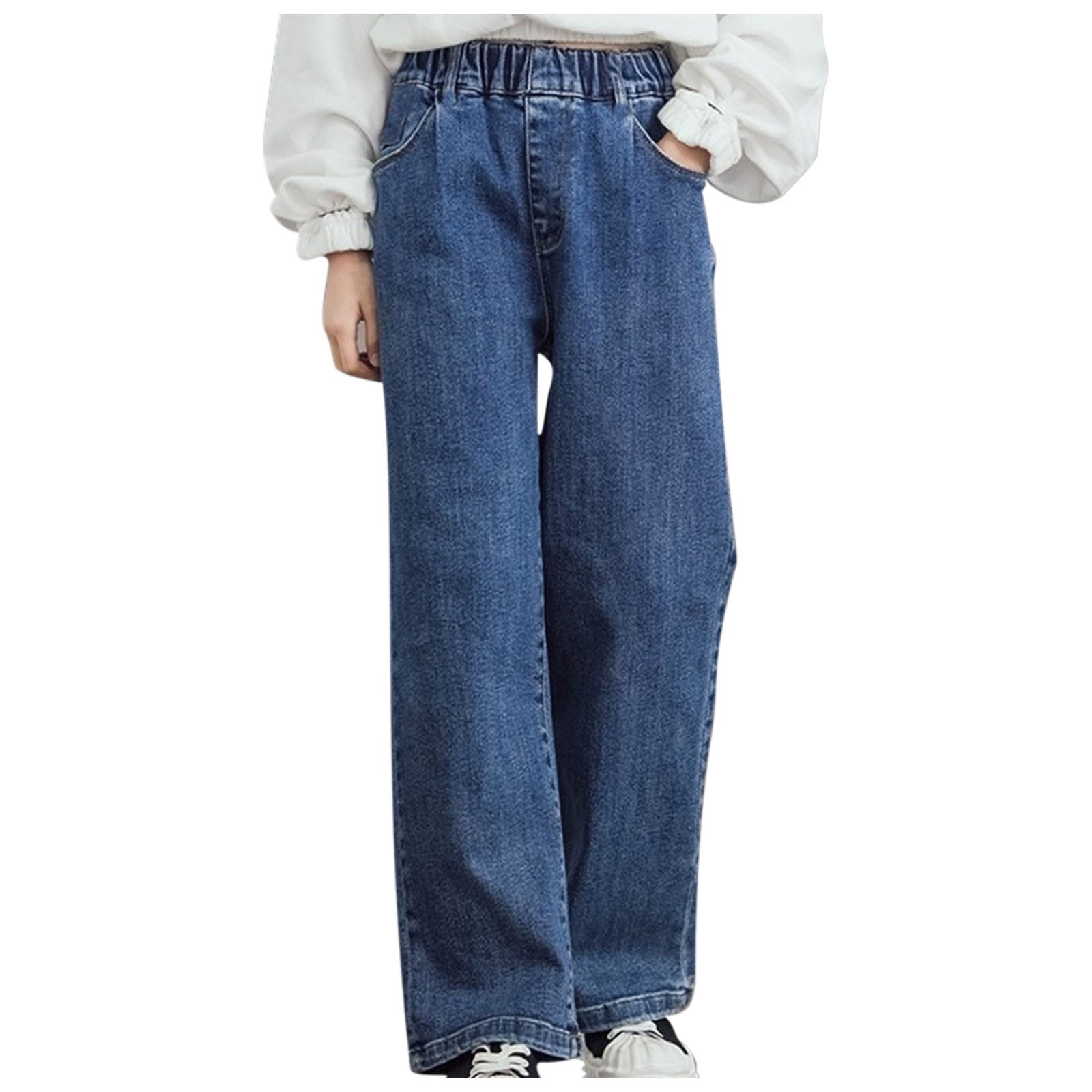 Girls High Waisted Straight Leg Jeans Denim Long Pants with Pocket ...
