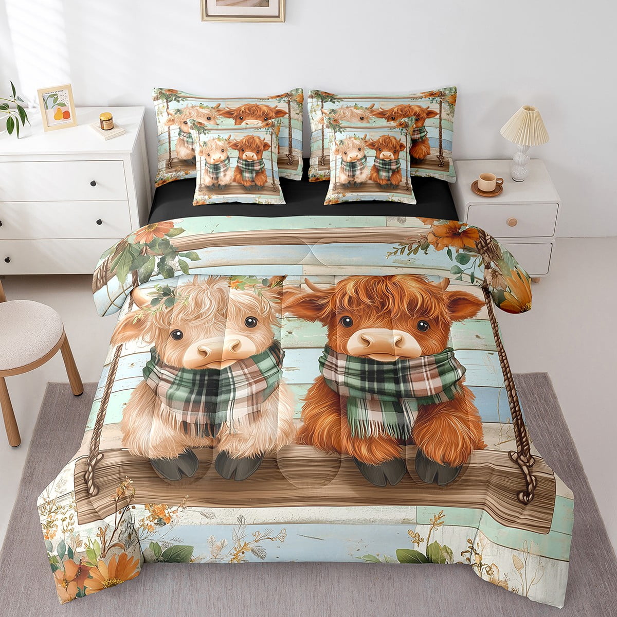 Girls Highland Cow Bedding Set Twin Size 7 Piece Bed in A Bag Western Cow Comforter Set for Kids ...