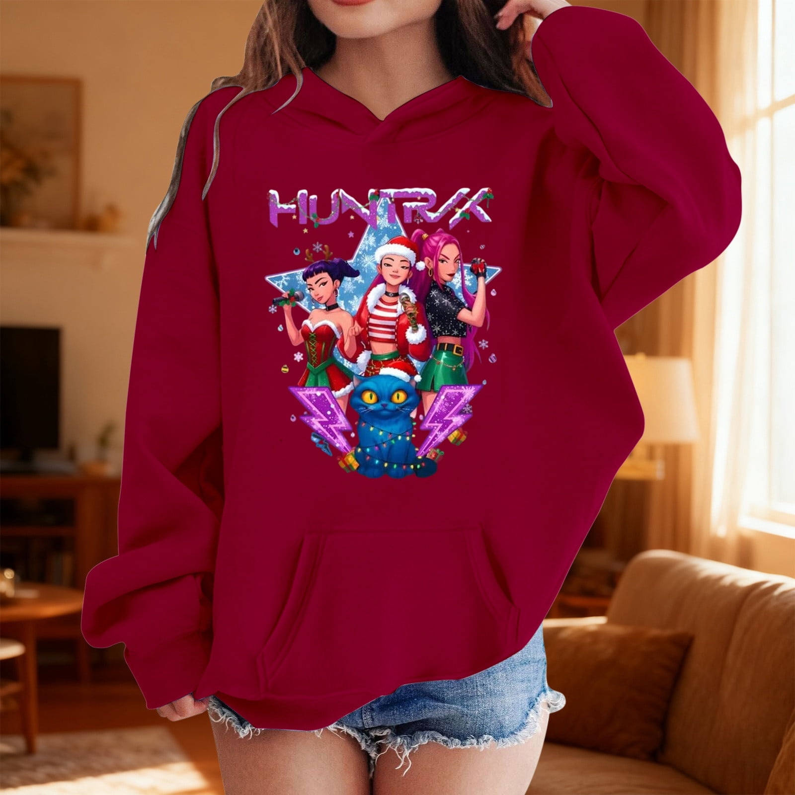 Girls Holiday Themed Hooded Sweatshirt Christmas Movie Cartoon Print Long Sleeve Pullover Hoodie ...