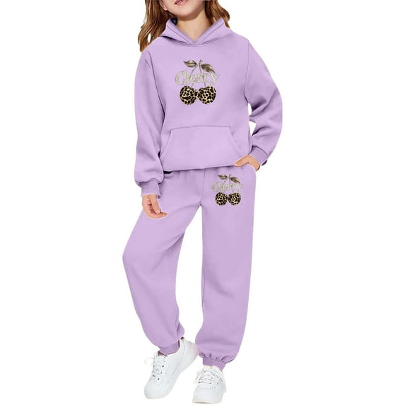 Girls Hooded Tracksuit With Leopard Print And Cherry Design Fleece ...