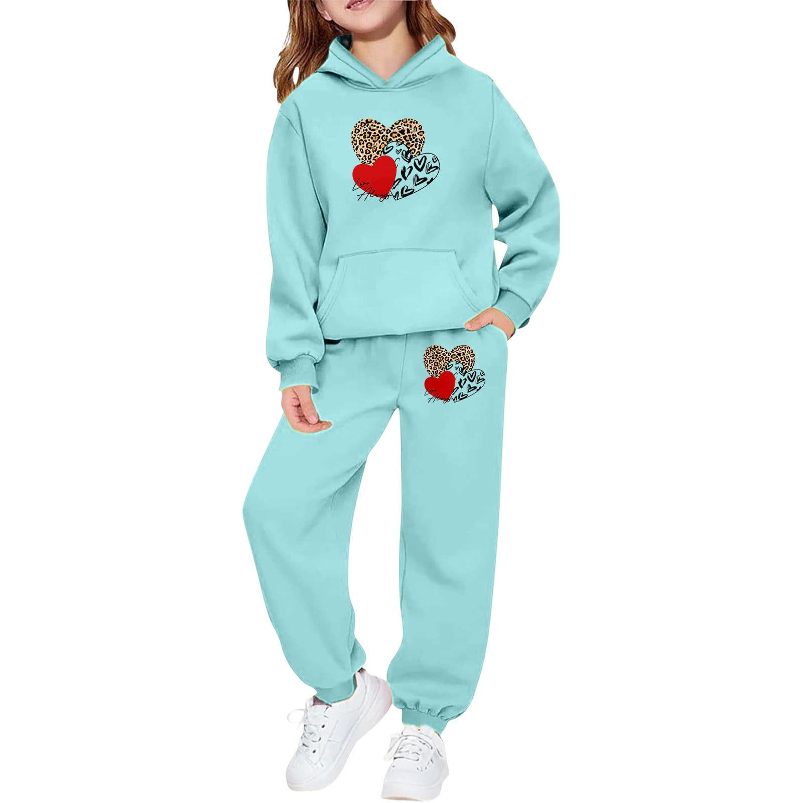Girls Hooded Tracksuit With Leopard Print And Heart Design Fleece ...