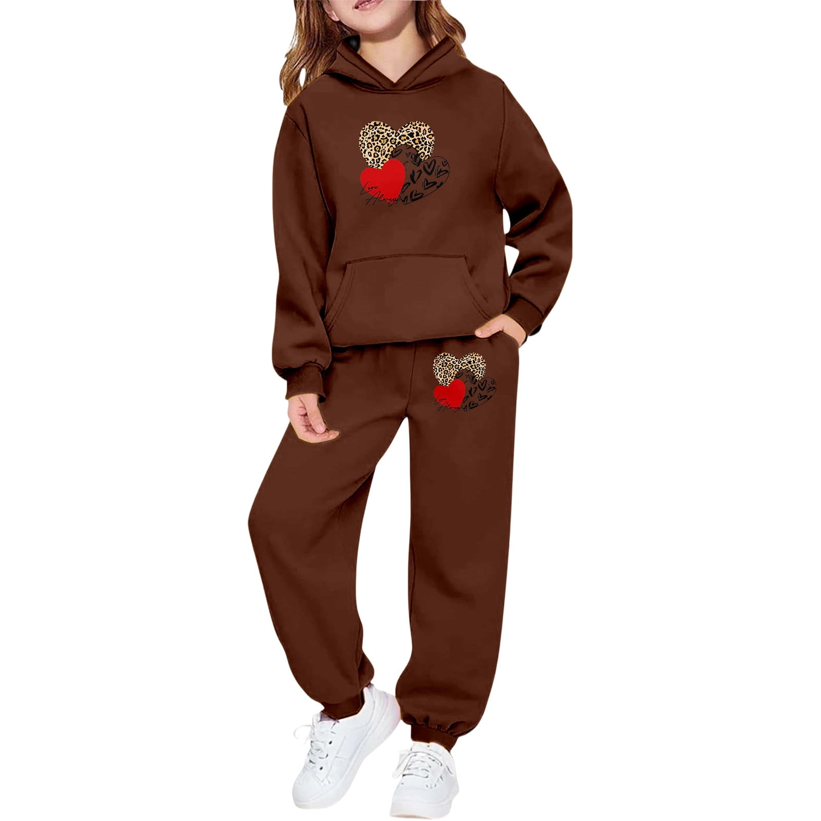Girls Hooded Tracksuit with Hearts Leopard Print Fleece Hoodie and ...