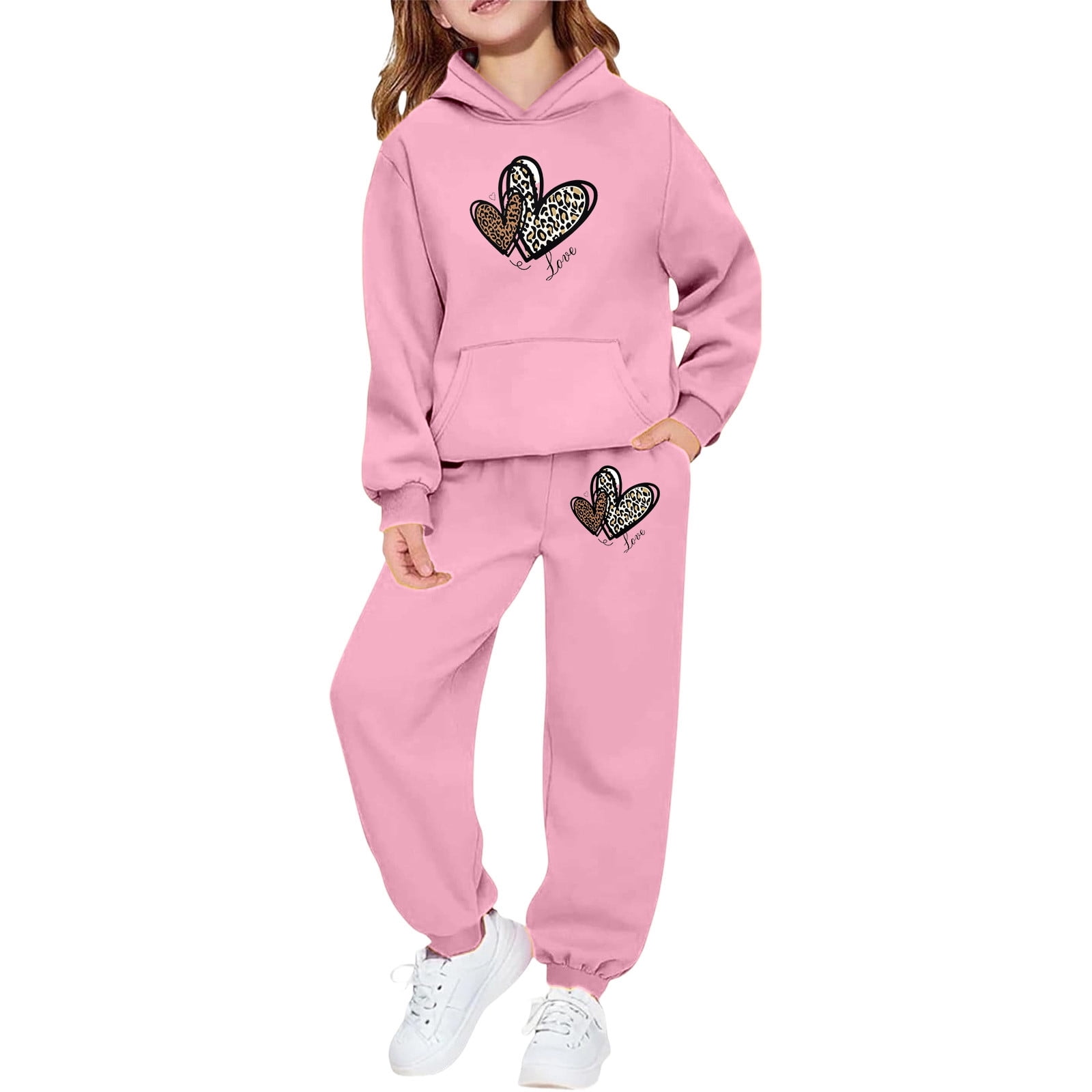 Girls Hooded Tracksuit with Hearts Leopard Print Hoodie and Sweatpant ...