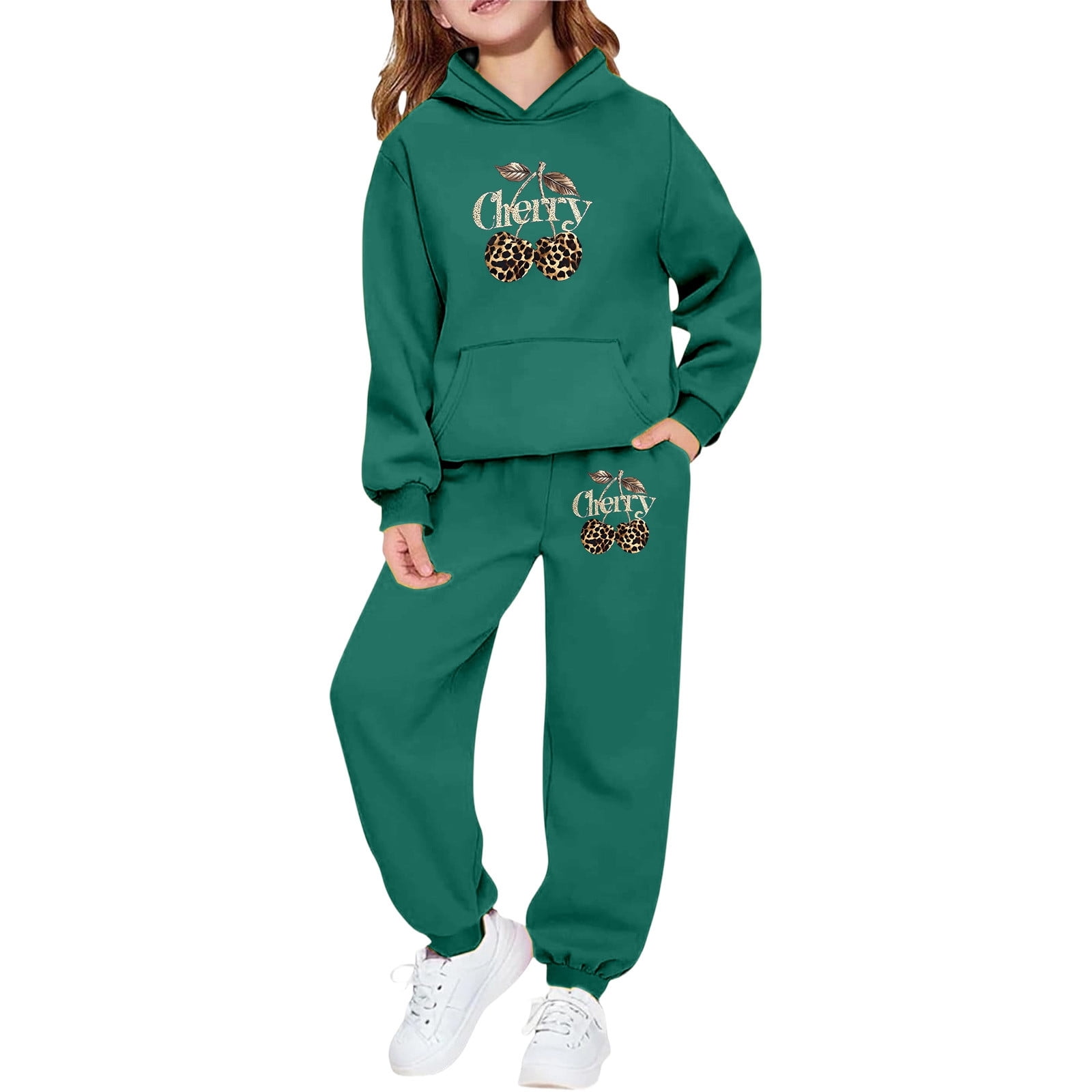 Girls Hooded Tracksuit with Leopard Print Cherry Design Pullover and ...