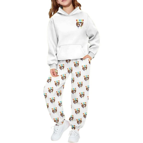 Girls Hoodie Jogger with Print Design Casual Two Piece Outfit Clothes ...