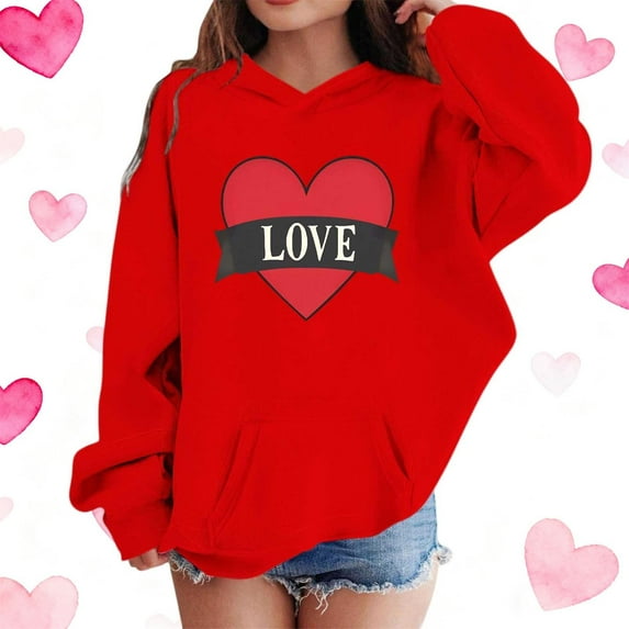 Girls Hoodie Kids Valentine Red Heart Print Oversized Cute Hooded ...