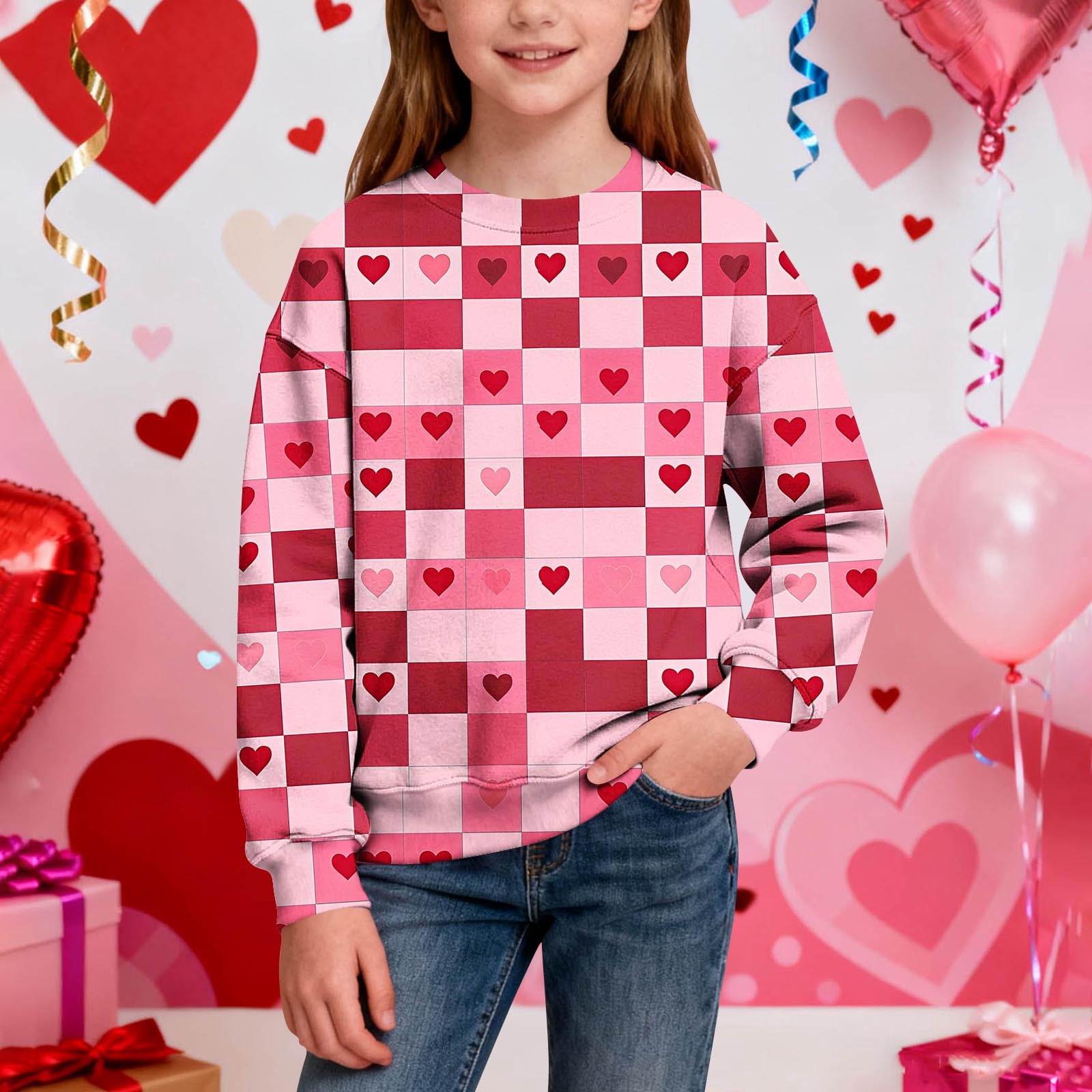 Girls Hot Pink Heart Checkered Pullover Sweatshirt, 1-15Y Soft ...