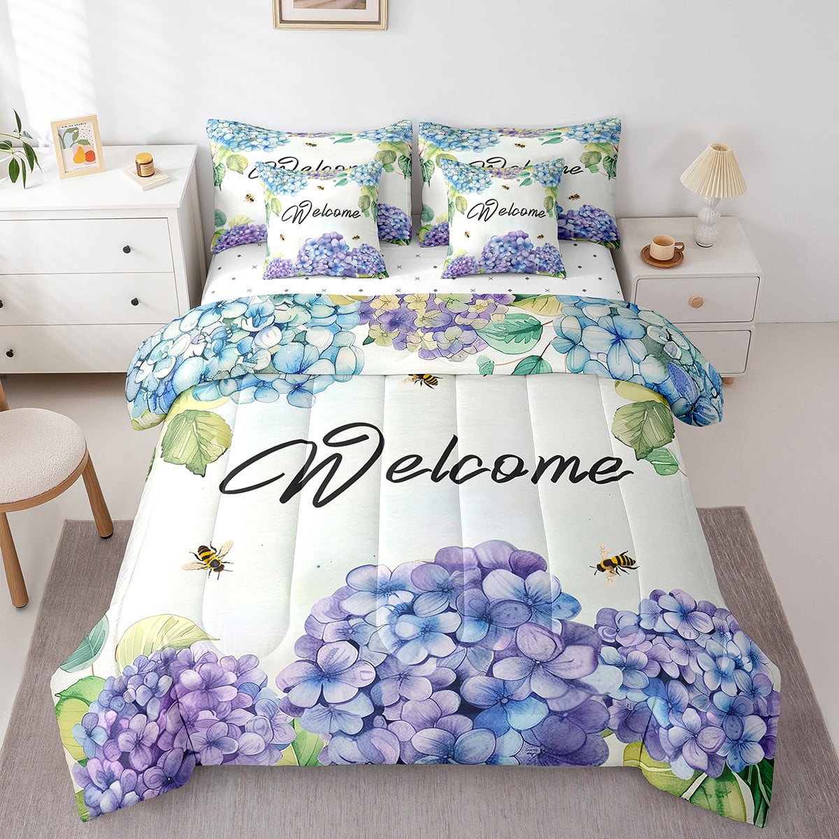 Hydrangea Comforter Set Twin,Purple Teal Blue Flower Bedding Set ...