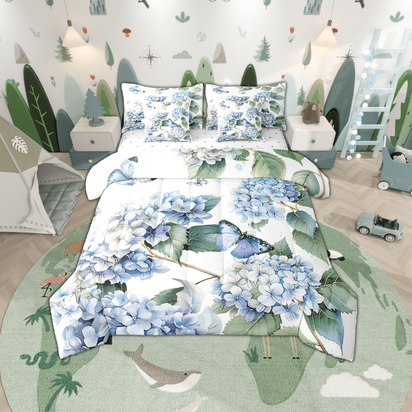 Hydrangea Floral Bedding Comforter Sets 7Pcs Blue Purple Butterfly Bed ...