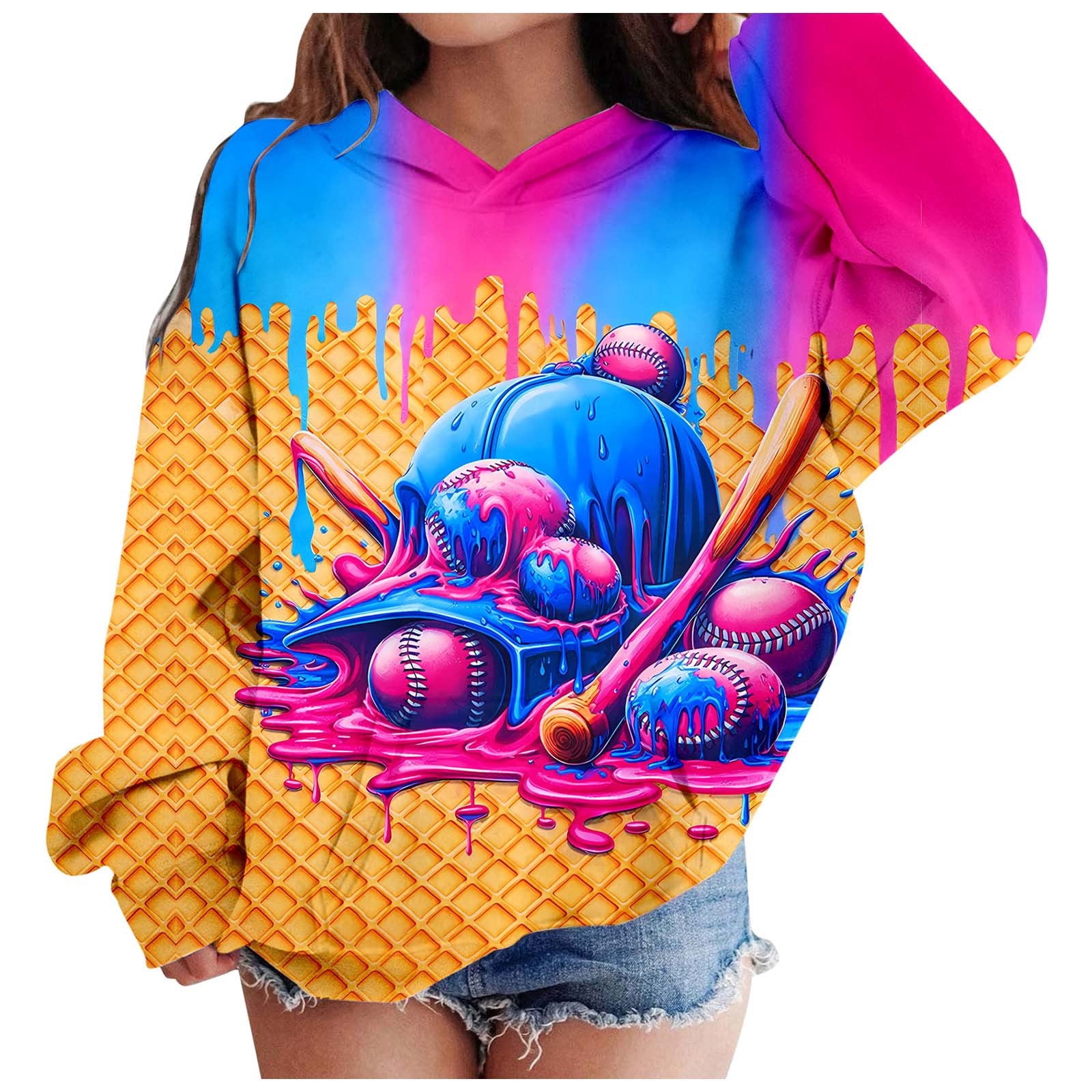 Girls Ice Cream Drip Rugby Print Hoodies Sweatshirt Crew Neck Long ...
