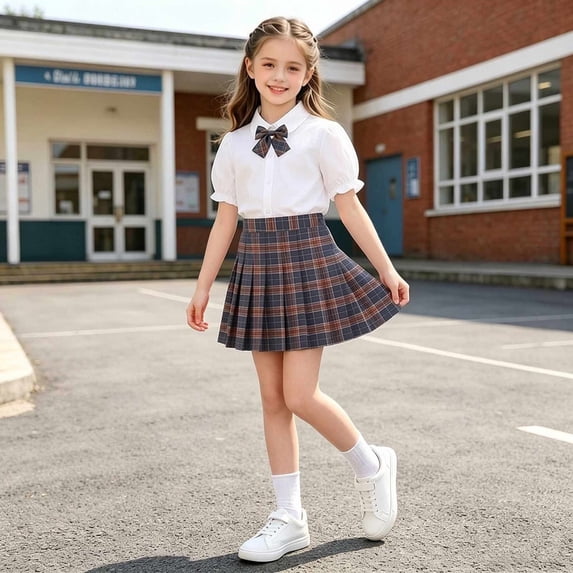 Girls' JK School Uniform Outfit Cute 2 Piece Set with Bow Tie Shirt and ...