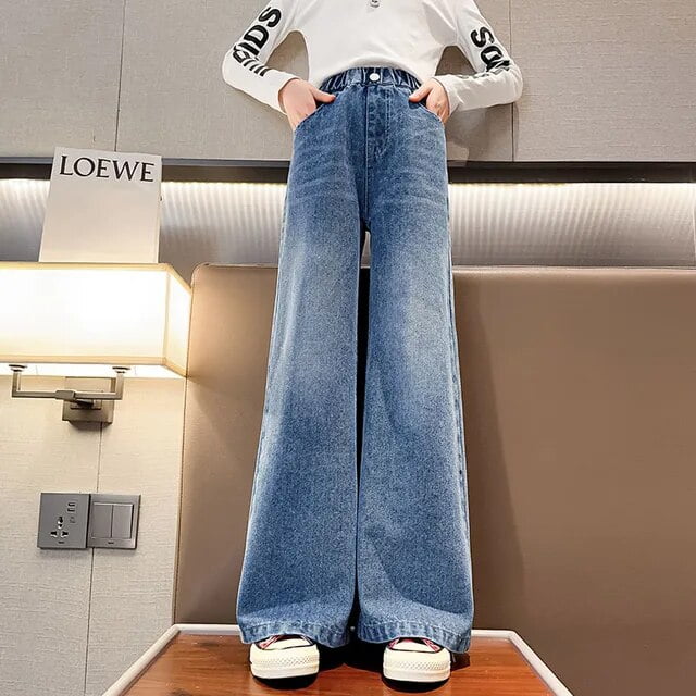 Girls Jeans Autumn Casual Loose Side Gradient Color Young Children Wide ...