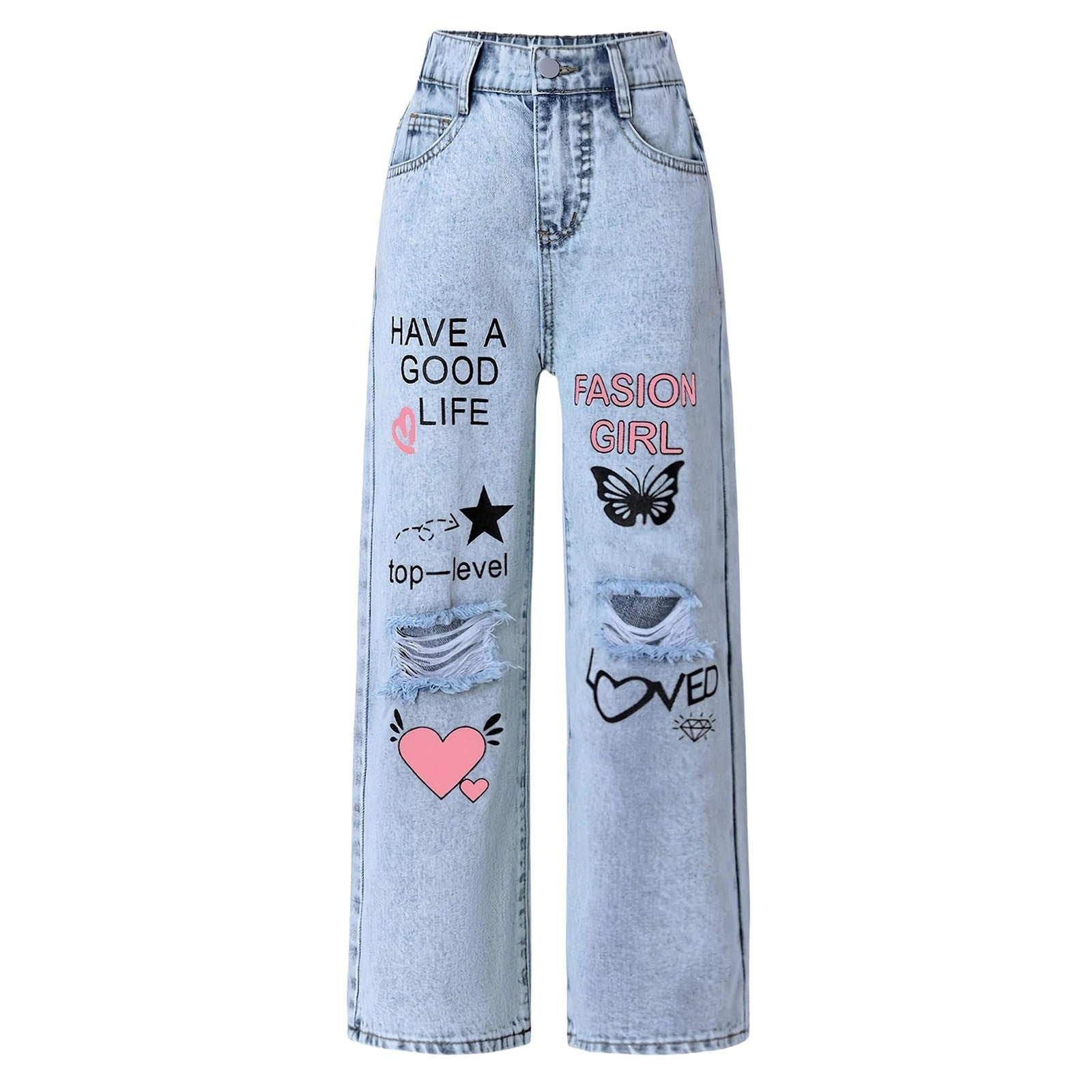 Girls Jeans Baggy Pants Wide Leg/Flare Denim Ripped Teen Clothes Tween ...