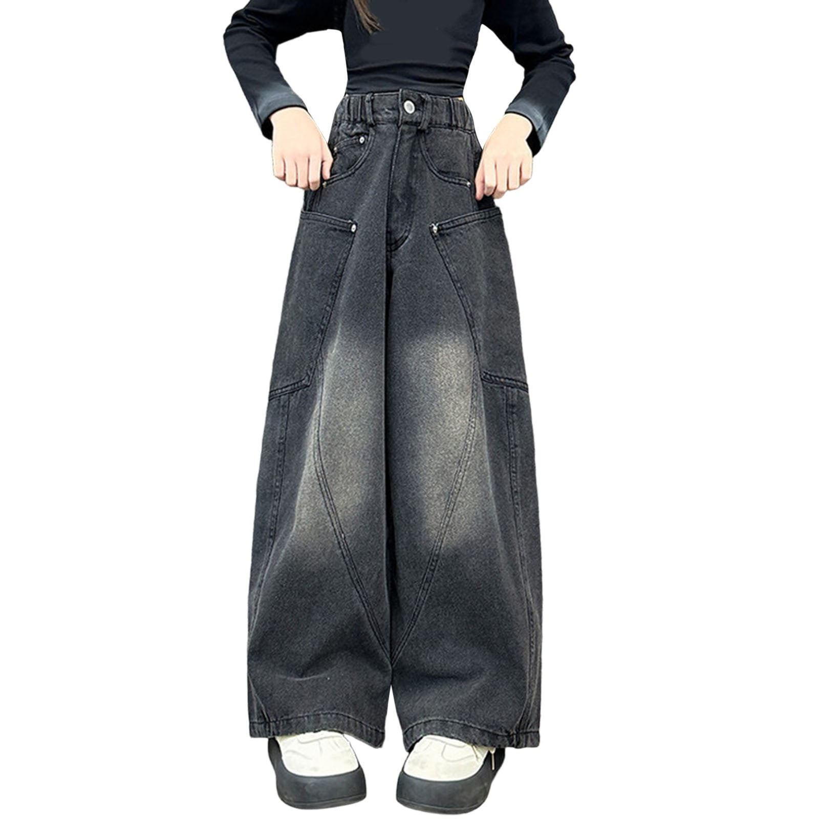Girls Jeans Cargo Baggy Wide Leg Denim Straight Loose Pants Tween High ...