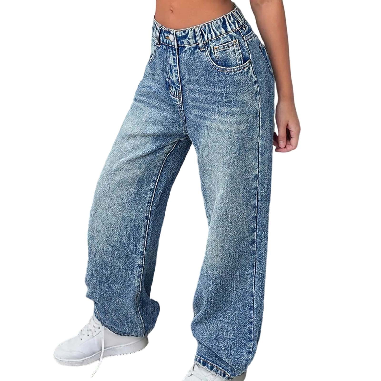 Girls Jeans Cargo Baggy Wide Leg Denim Straight Loose Pants Tween High ...