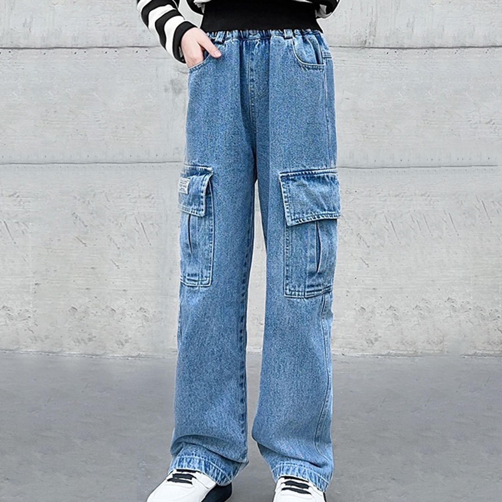 Girls Jeans Cargo Pants Wide Leg Baggy Elastic High Waist Denim ...