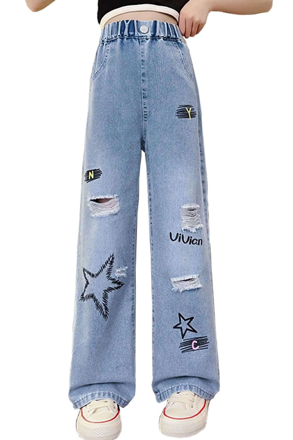 Girls Jeans Denim Elastic Wasit Wide Leg Baggy Jeans Kids Teen Girl ...